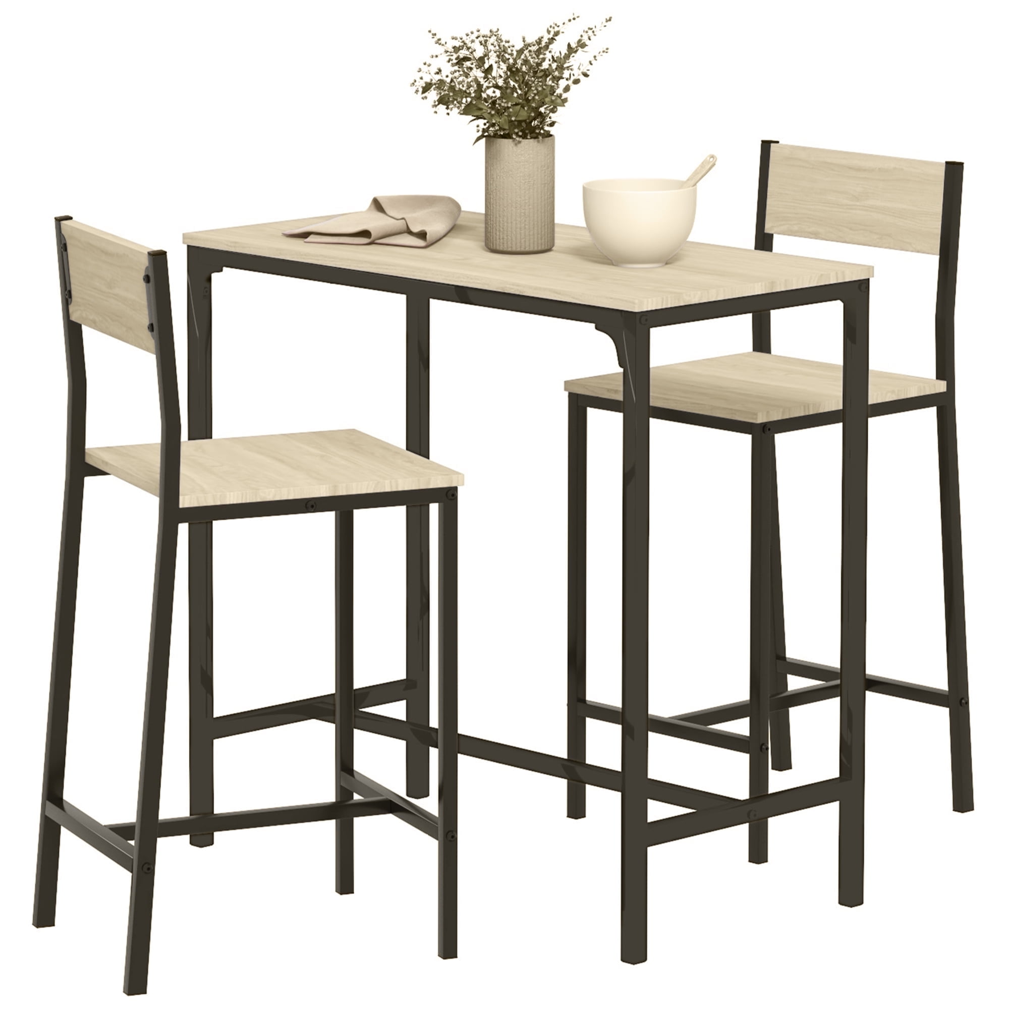 Qumbnk Wood Tabletop Bar Table with 2 Pack Chair Set, Rectangle Kitchen ...
