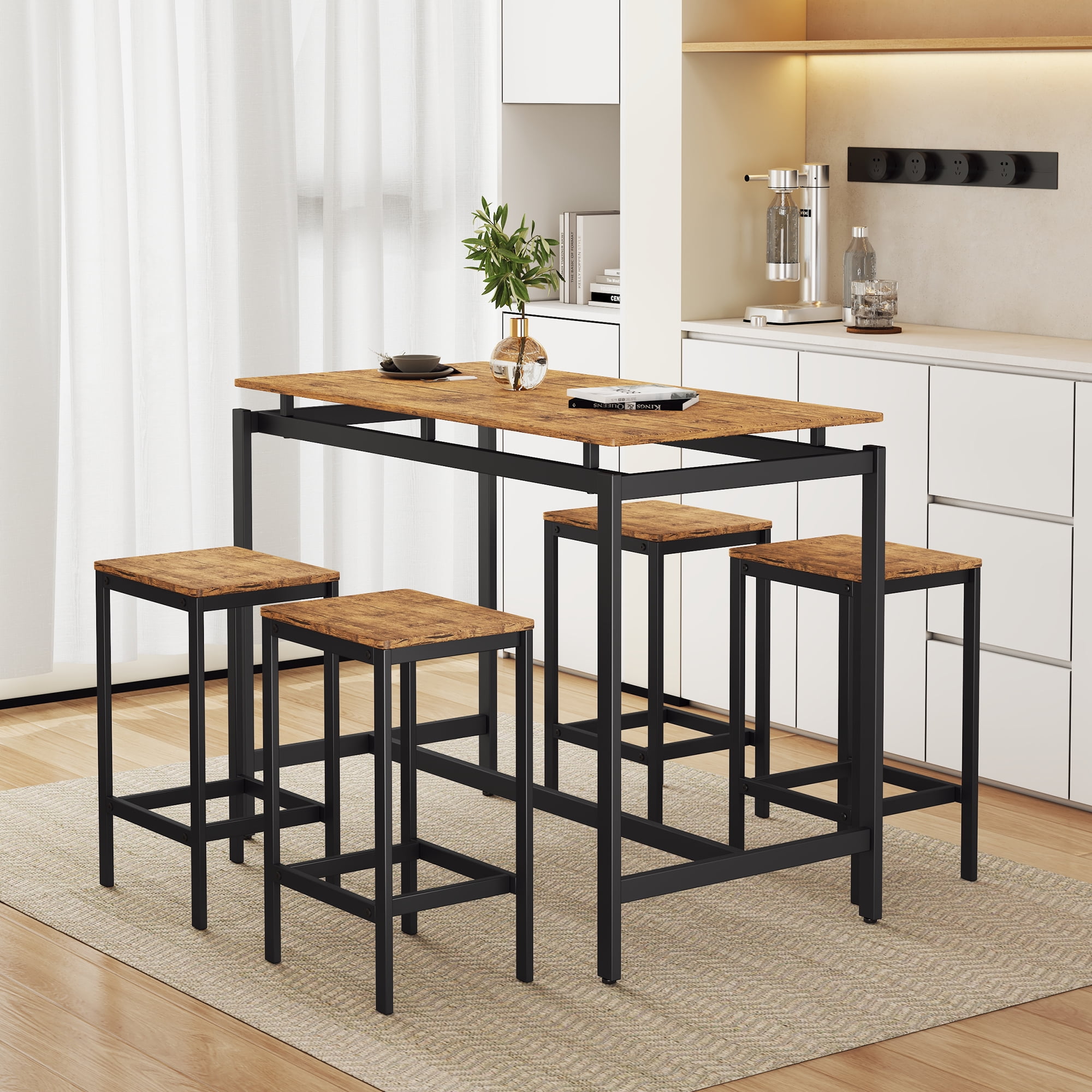 Qumbnk Wood Tabletop Dining Table with 4 Pack Stools, Metal Frame Bar ...