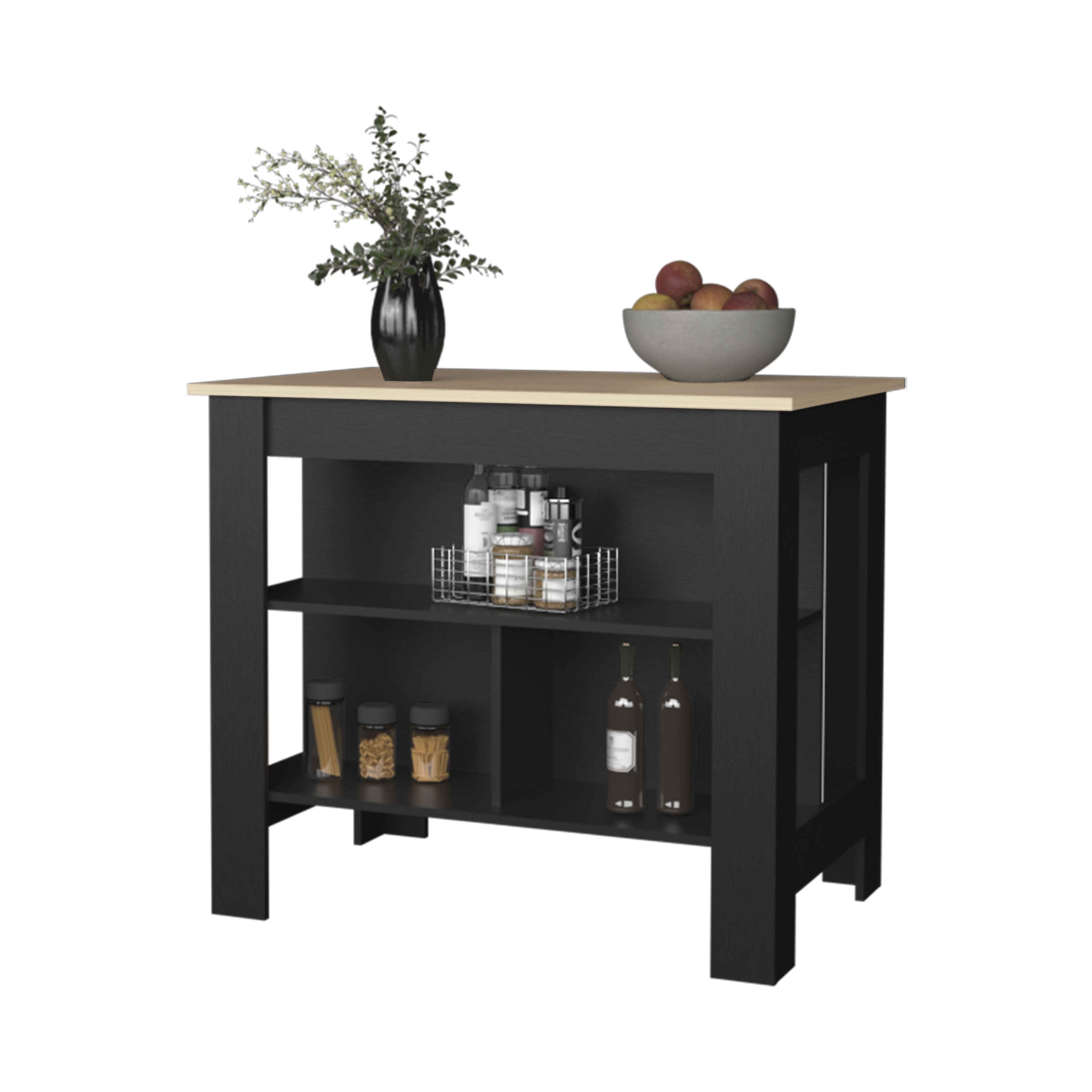Qumbnk Wood Top Island Table with Open Storage Shelf, Kitchen Island ...