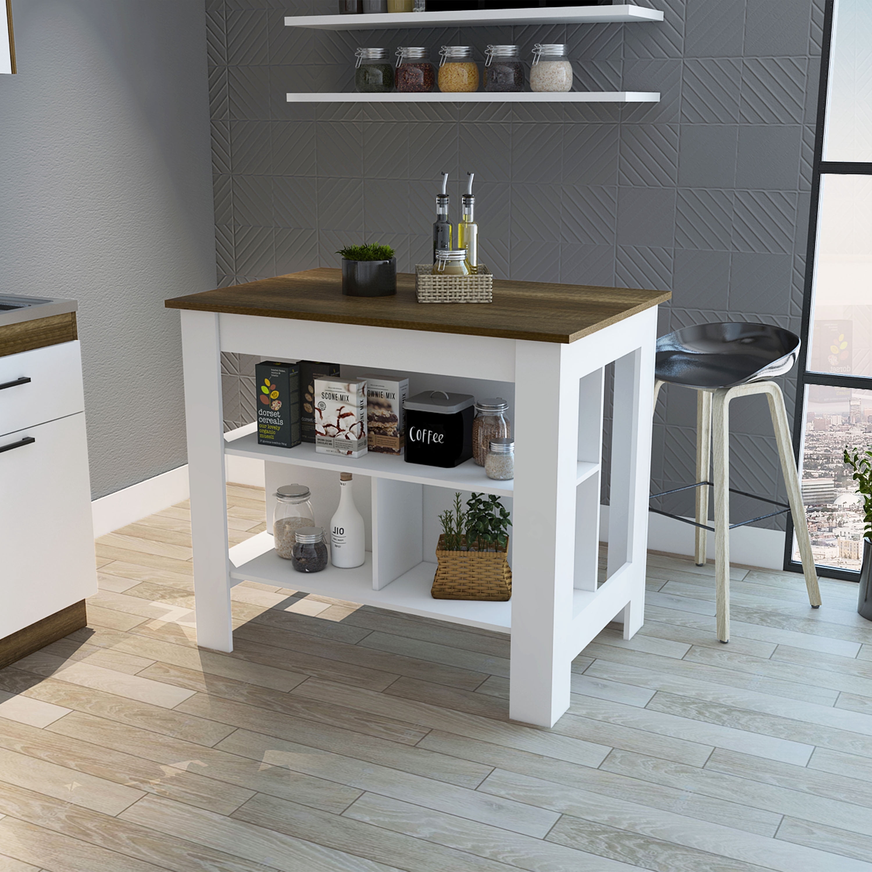 Qumbnk Wood Top Kitchen Island Table with 3 Open Shelves, Kitchen ...