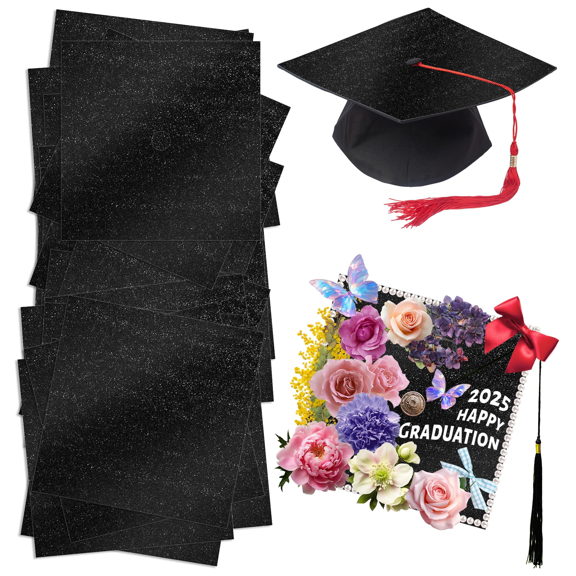Qumenan 24 Sheets Graduation TSF6 Cap Decorations Black Glitter ...