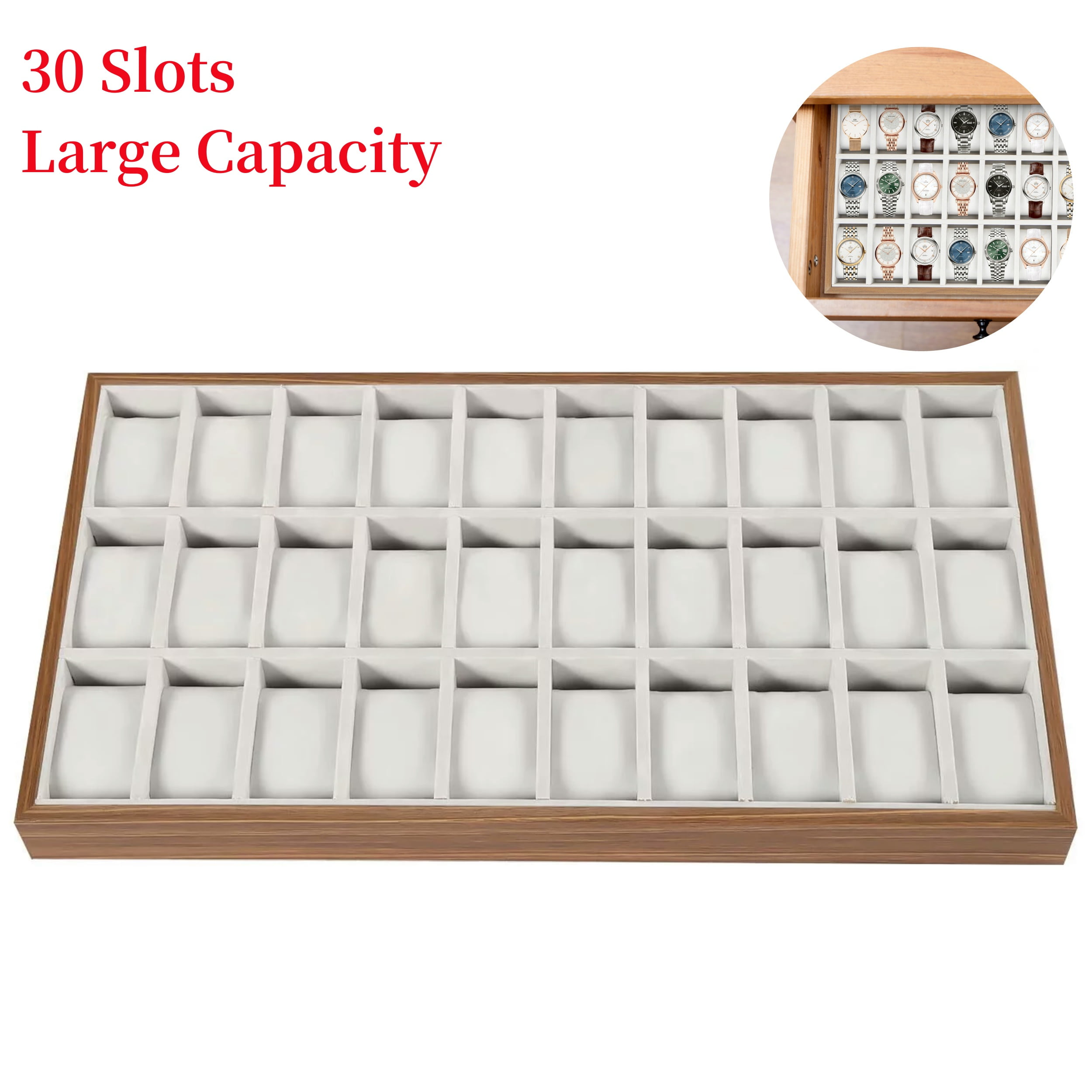 Qunbio 30-Slot Wooden Watch Box, Large Display Case with Removable ...