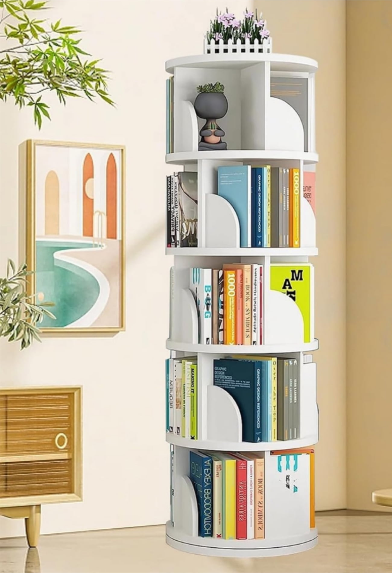 Qunbio 5 Tier Bedroom Bookshelves, Round Spinning 360 Degrees Revolving ...