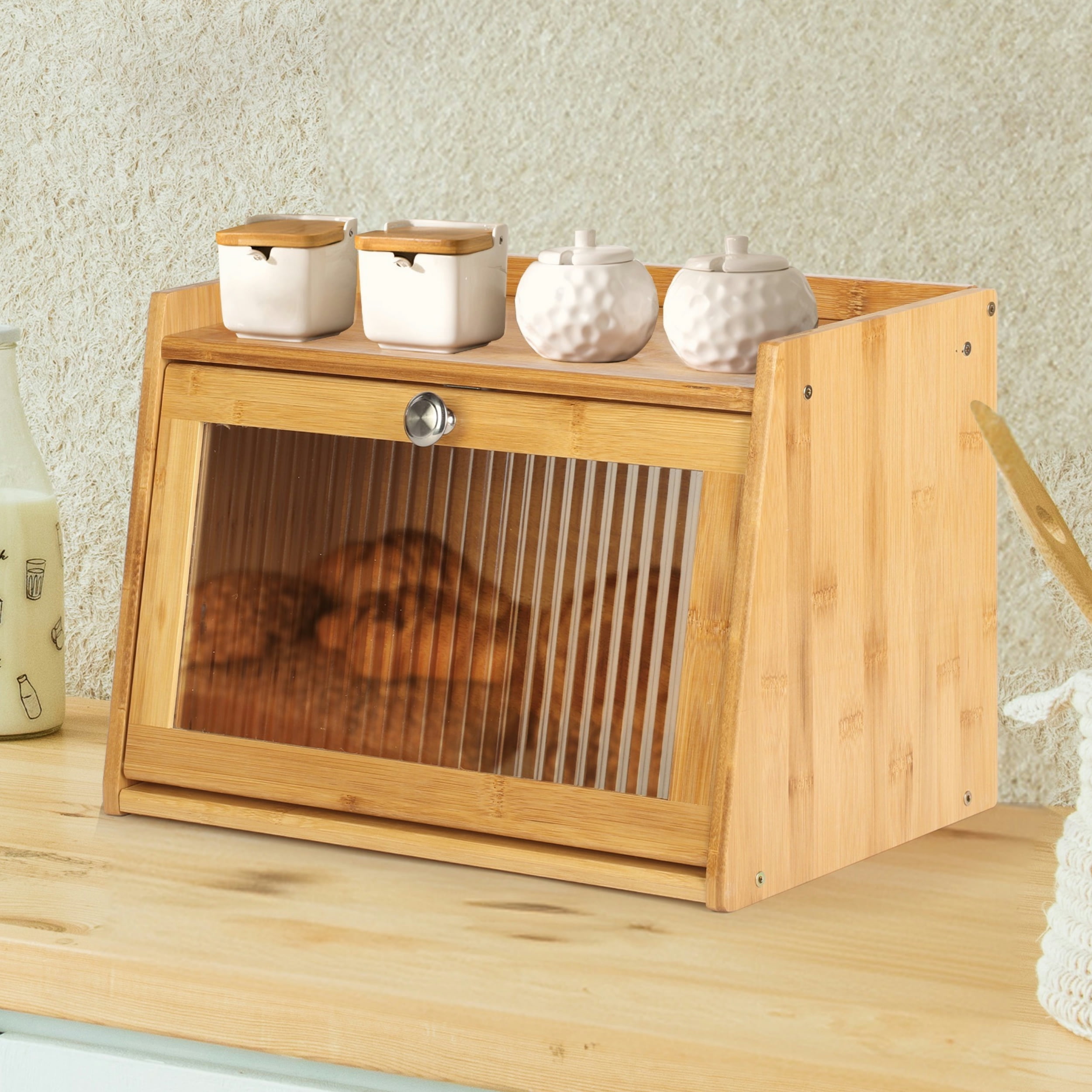 Qunbio Double Layer Large Bamboo Bread Box with Window - Roll Top ...