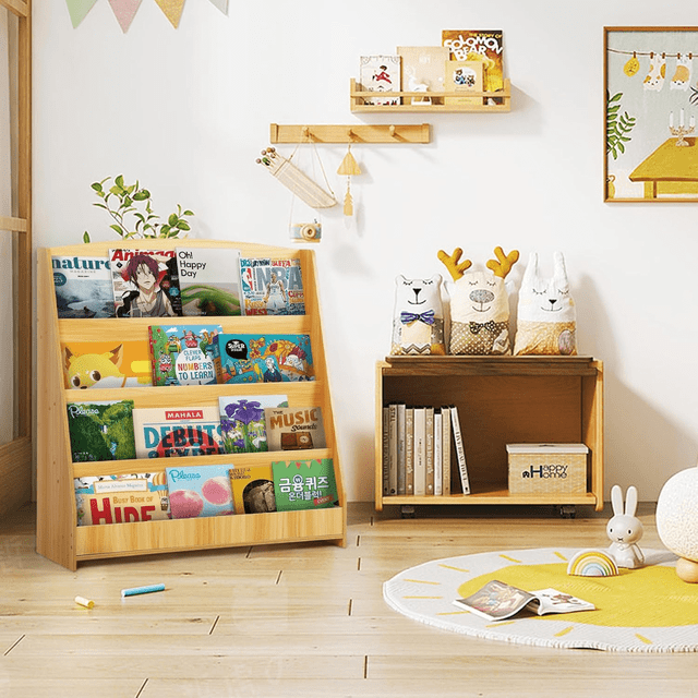 Qunbio 4 Tier Book Display Shelves, Montessori Bookshelf Wooden Book ...