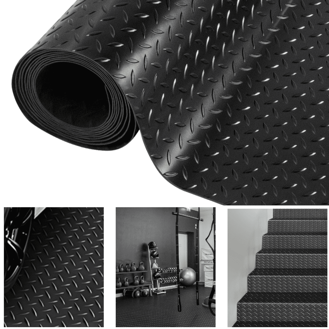 Qunbio Garage Floor Mat 16.4 x 3.3 Ft x 3 mm Diamond Plate Rubber Anti Slip Flooring Rolls for Garage Warehouse Gym Basement Black