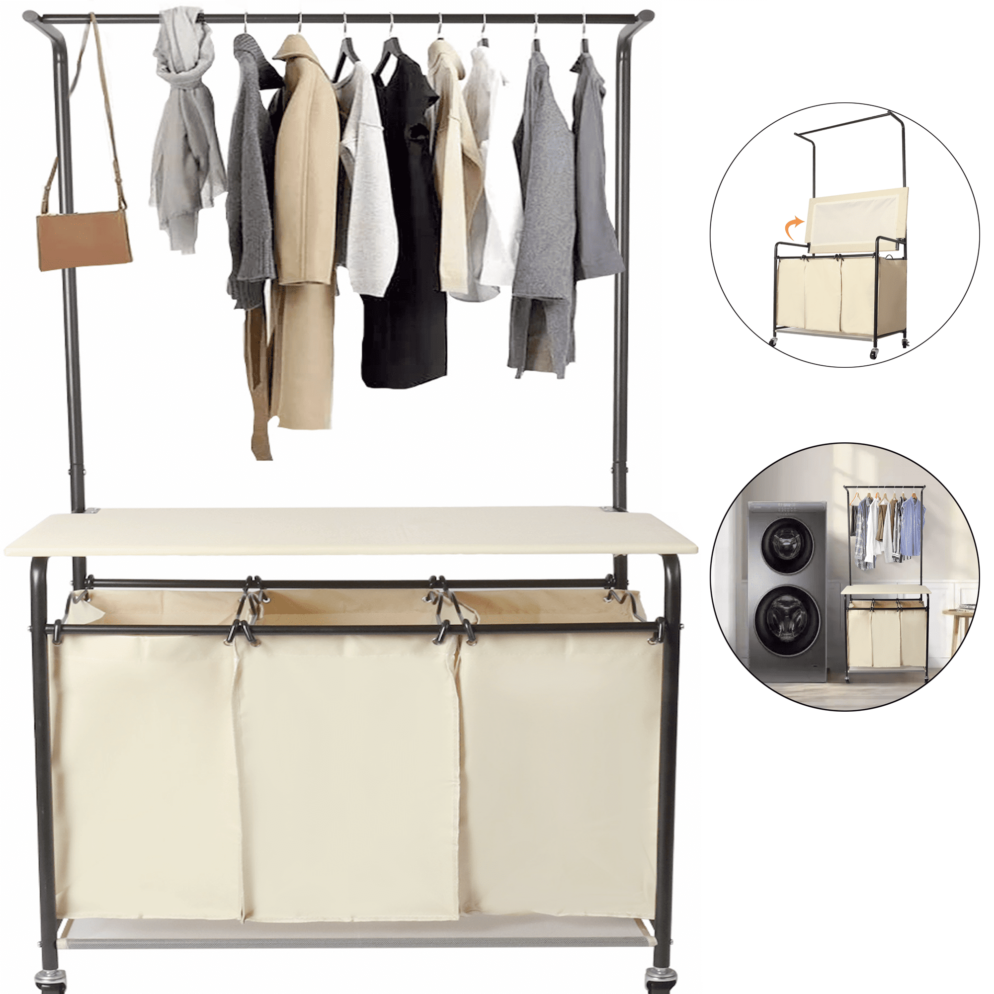Qunbio Heavy-Duty 3-Bag Laundry Sorter Cart with Hanging Bar, Ironing ...