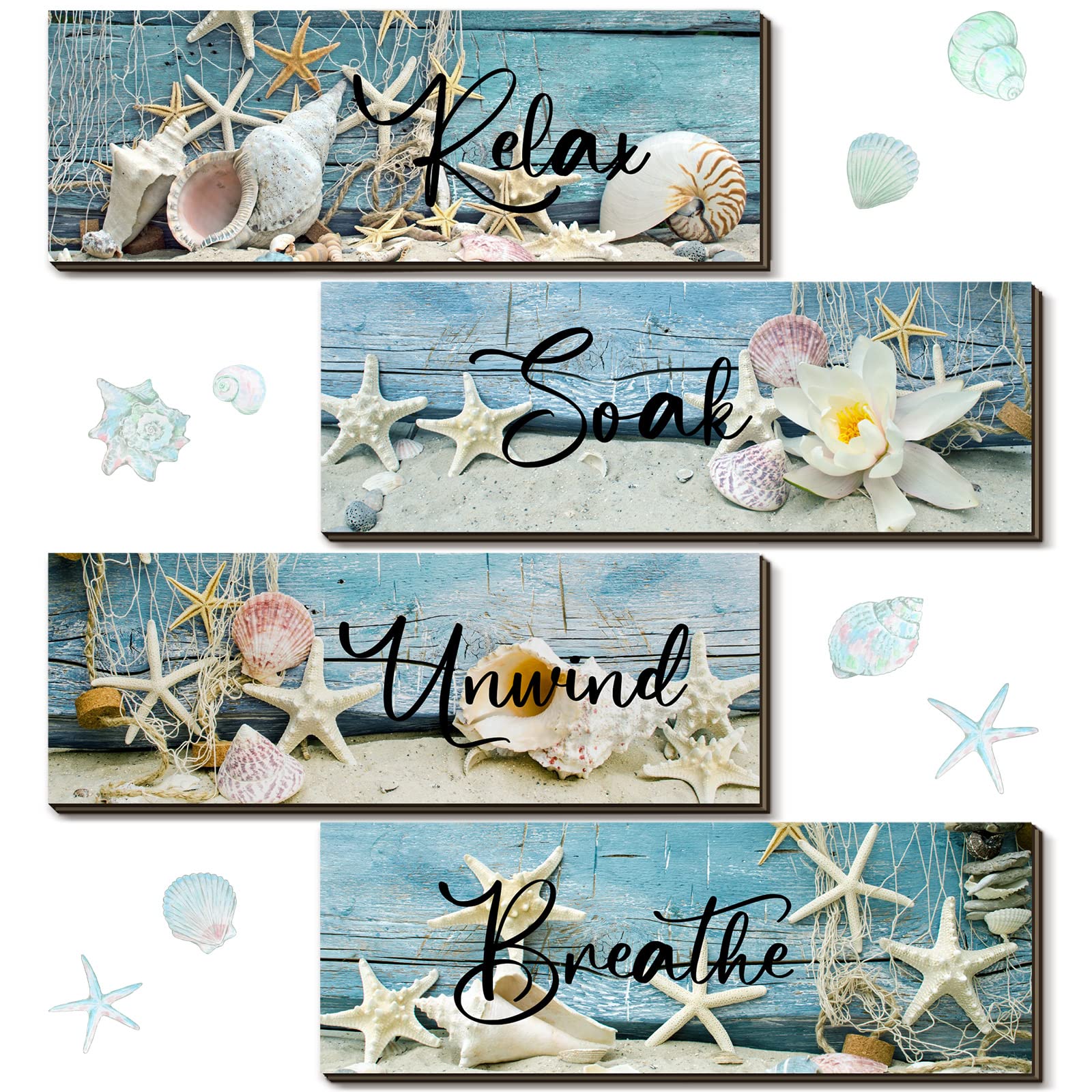 Qunclay 4 Pieces Ocean Beach Bathroom Wall Decors Wood Relax Soak ...