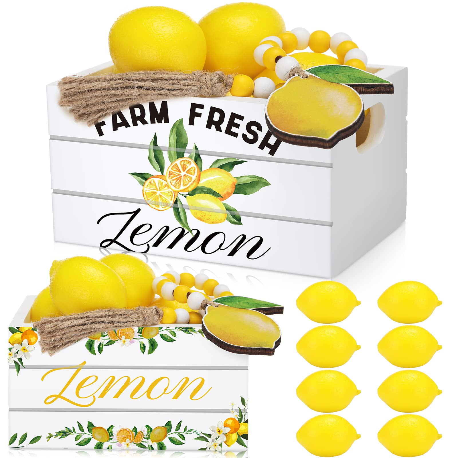 Qunclay Lemon Mini Crate Summer Tiered Tray Decor with 8 Faux Lemons ...