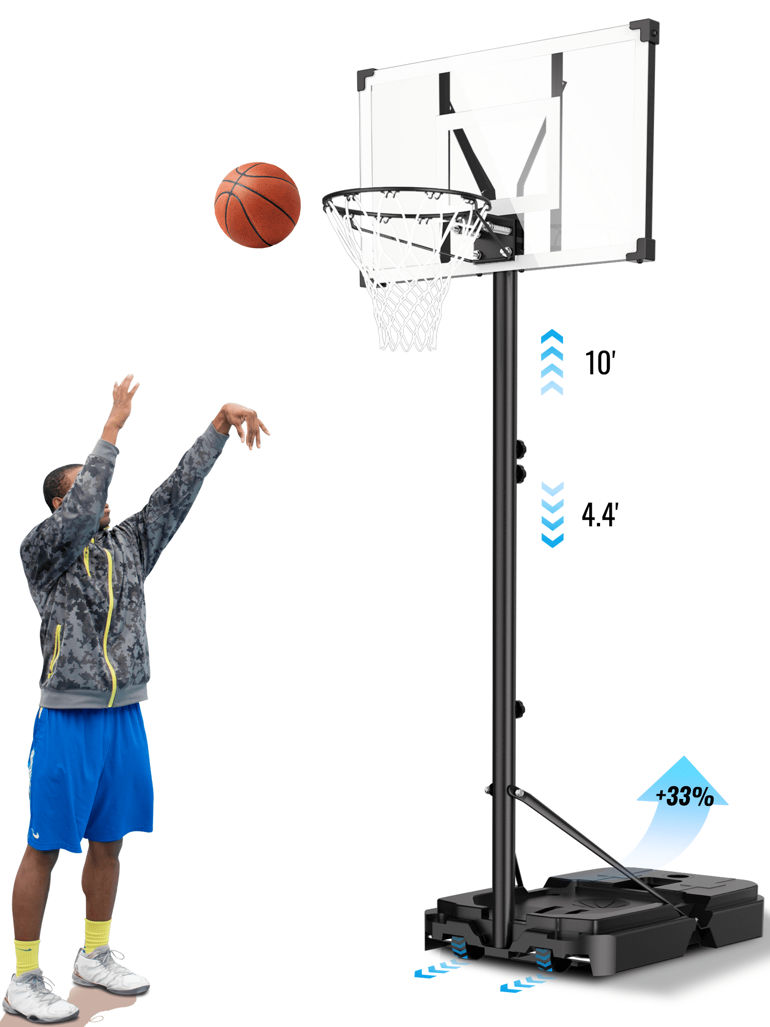 "iFanze 44"" Portable Basketball Hoop, 4.4-10ft Adjustable, Durable ...