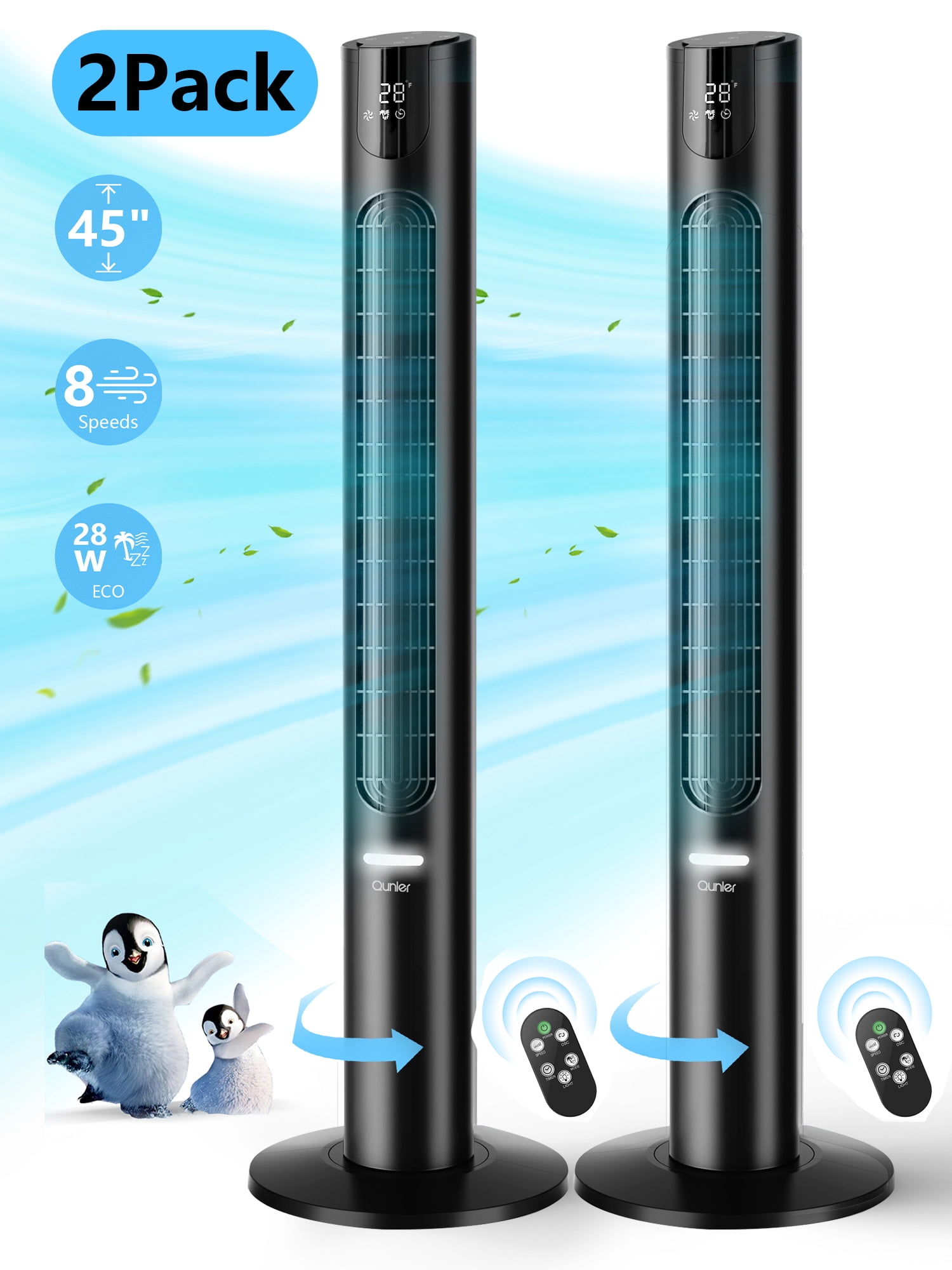 Qunler 45" Tower Fan with Remote, Oscillation, 8 Speeds, 4 Modes and ...