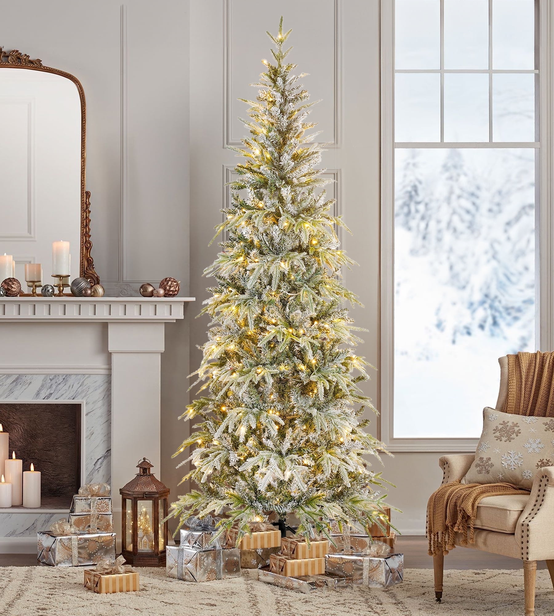 Qunler 7ft Pre-lit Snow Flocked Artificial Christmas Tree with 300 Warm ...