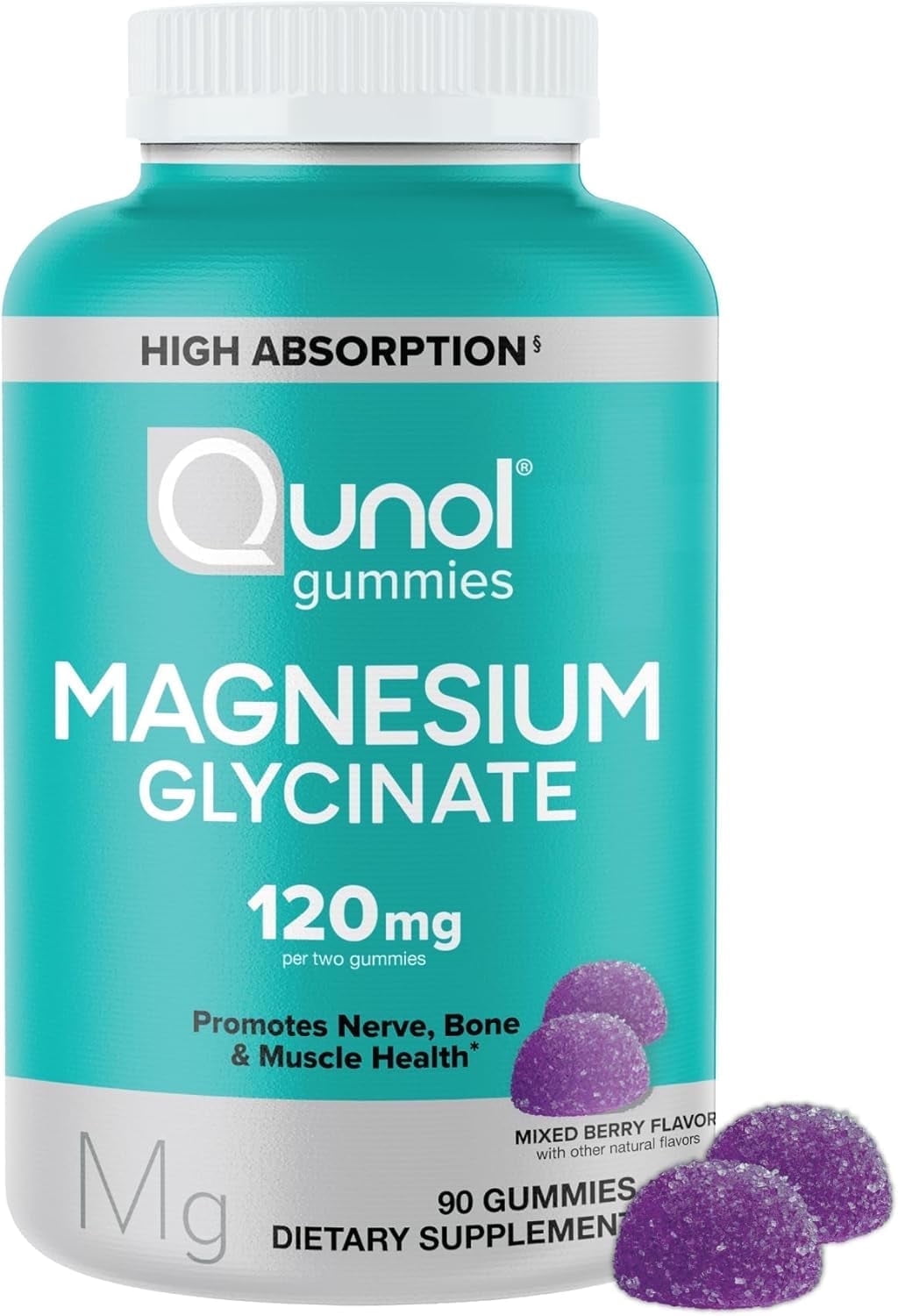 Qunol 120mg Magnesium Glycinate Gummies, High Absorption, Mixed Berry ...