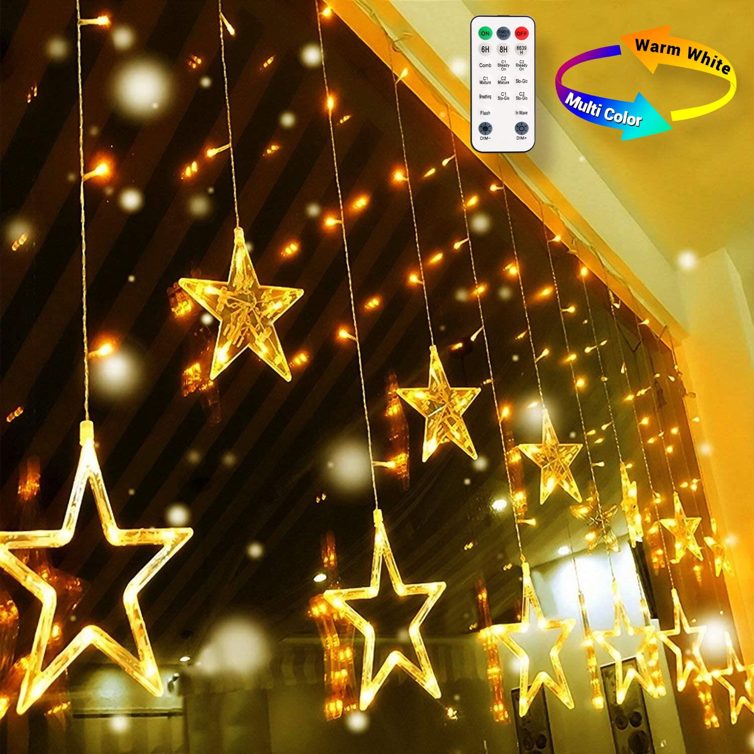 Quntis 12 Star 138 LED Curtain Lights, Color Changing Twinkle Lights ...