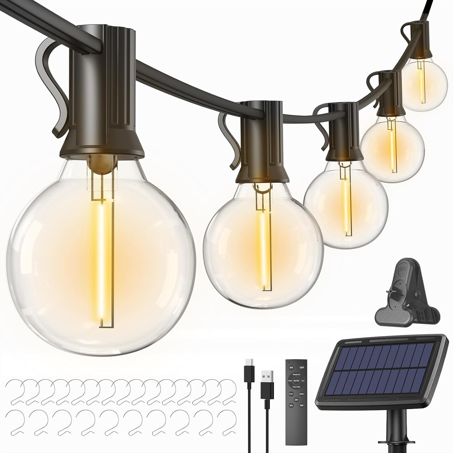Quntis 61FT Outdoor Solar String Lights with Remote+Timer, 25+2 Bulbs ...