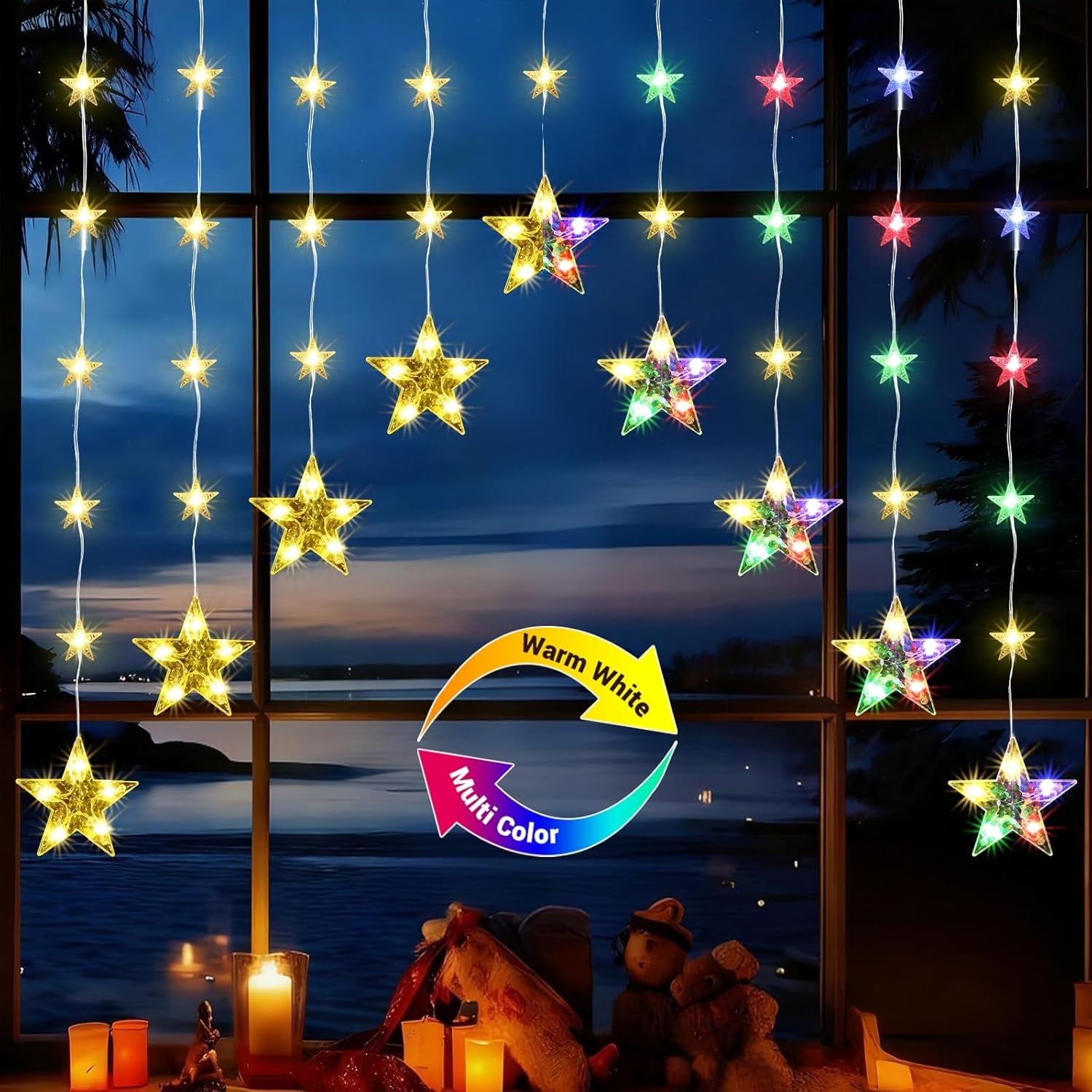 Quntis Color Changing Christmas window Lights,76 Leds 40 Stars Battery ...