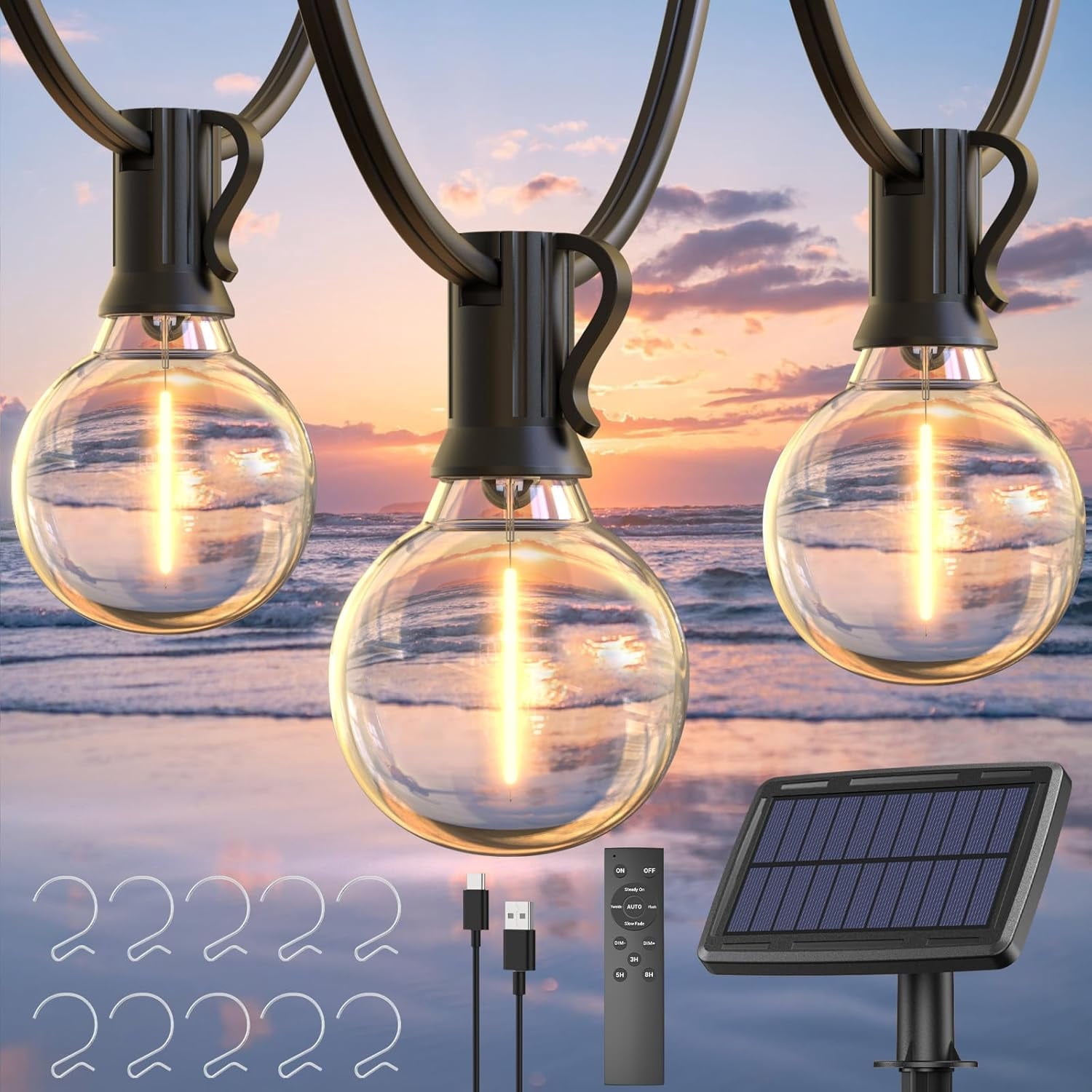 Quntis 111FT Outdoor Solar String Lights with Remote+Timer, 50+2 Bulbs ...