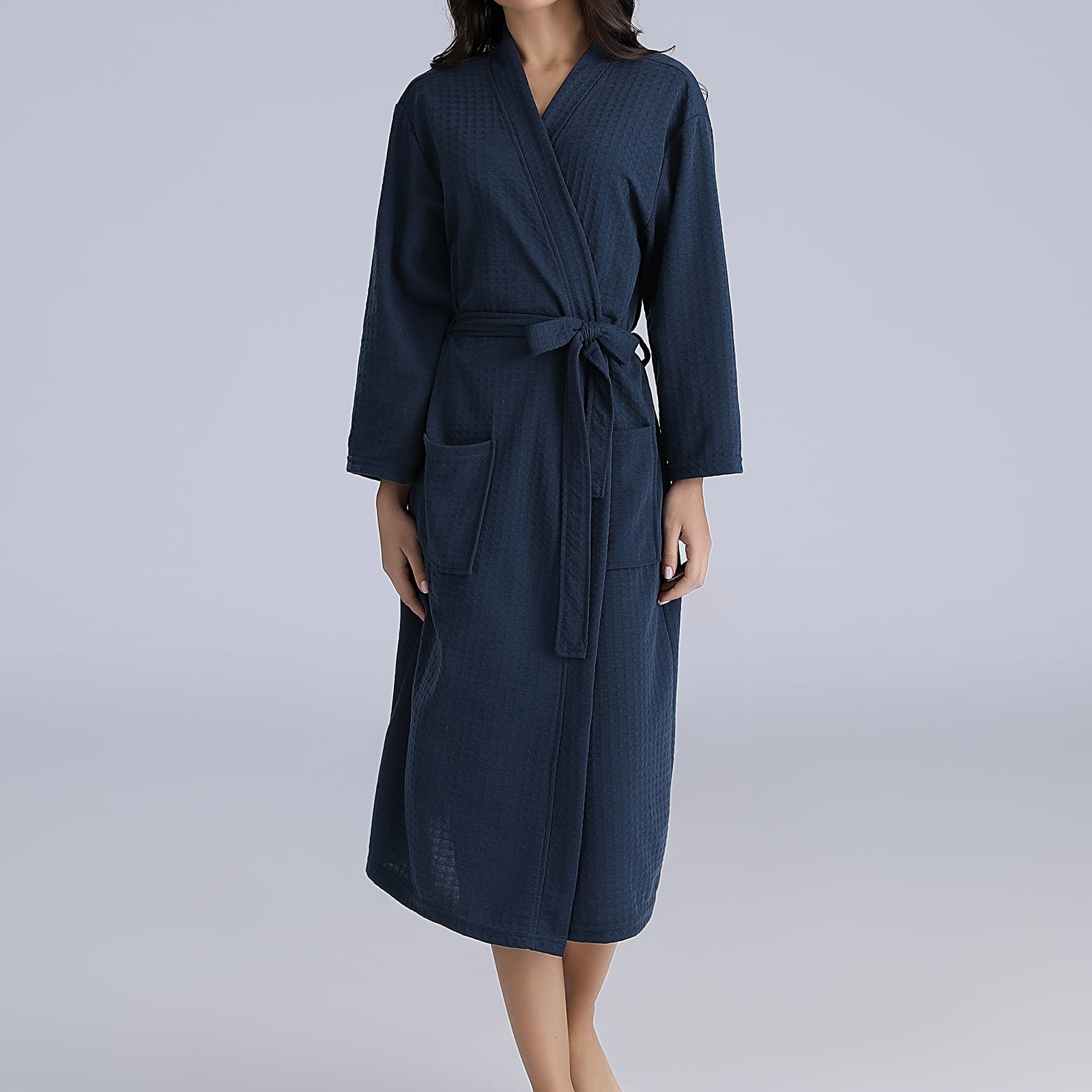 QUNYINEY Blue Womens Robes Waffle Solid Bathrobe Long Sleepwear Long ...