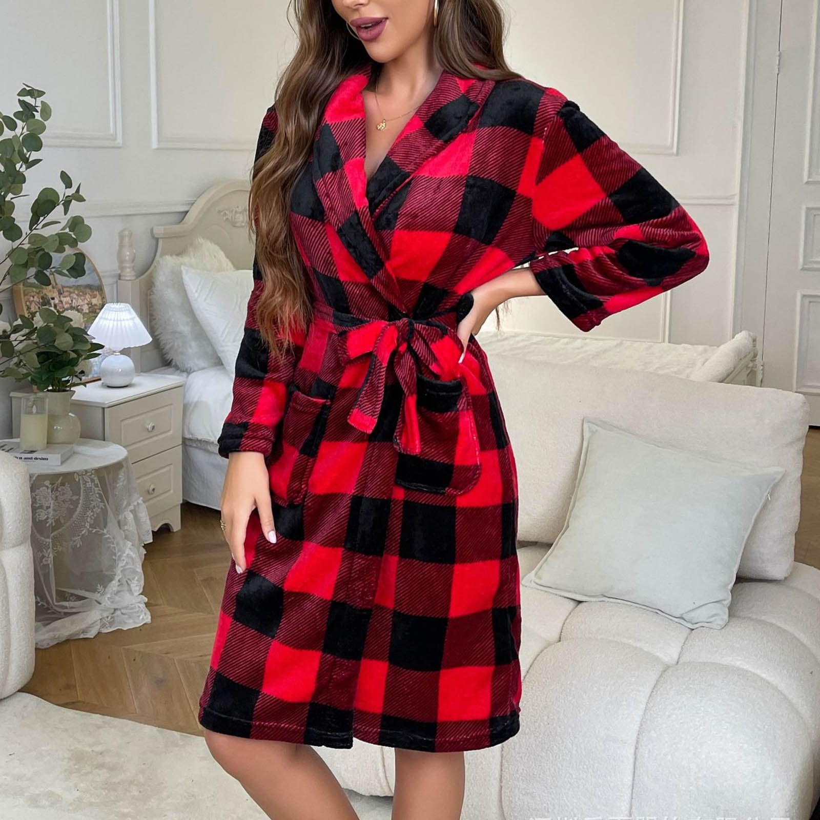 QUNYINEY Flannel Womens Robes Plaid Bathrobe Long Red Sleepwear with ...