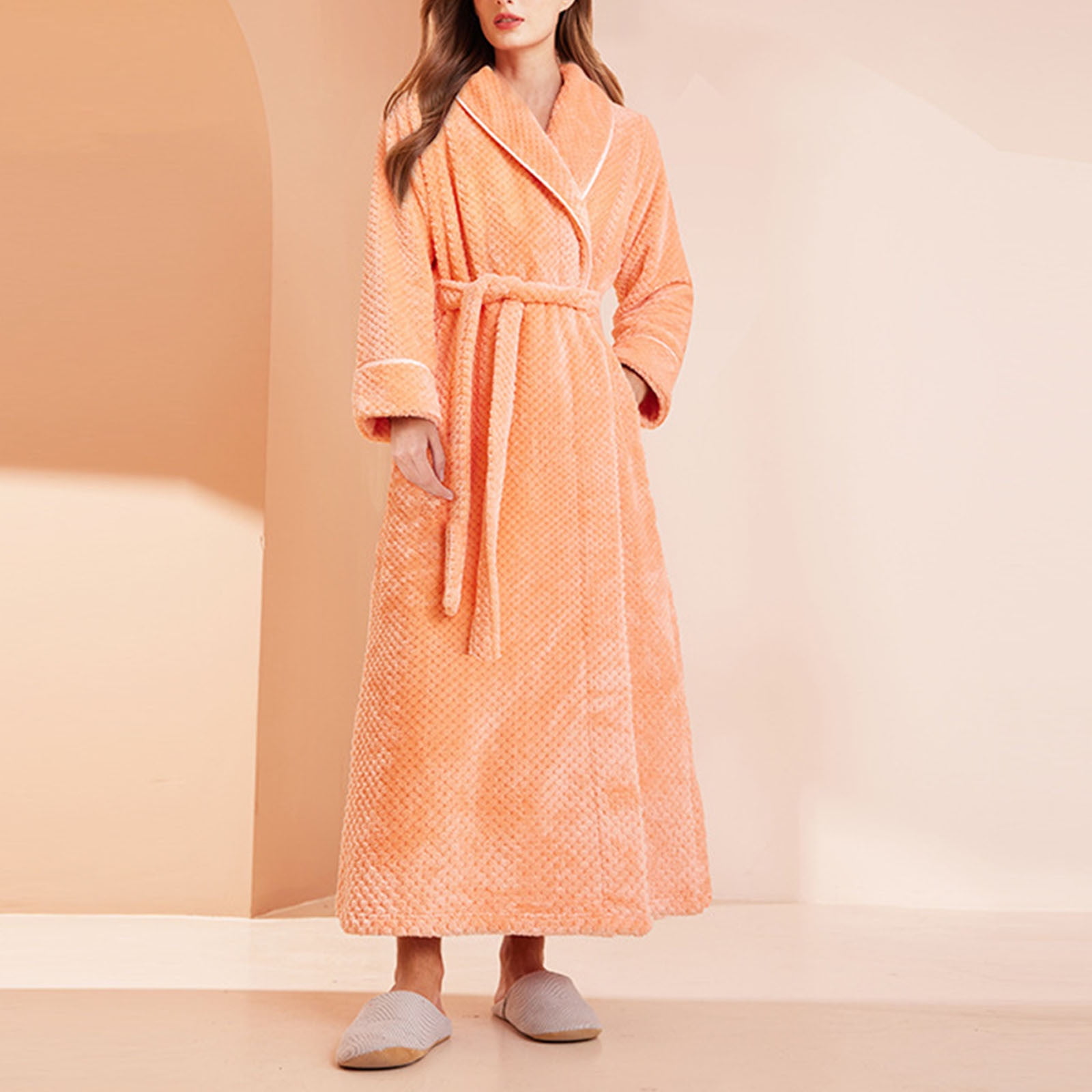 QUNYINEY Fleece Women Robe Solid Long Orange Loungewear Sleepwear Shawl ...