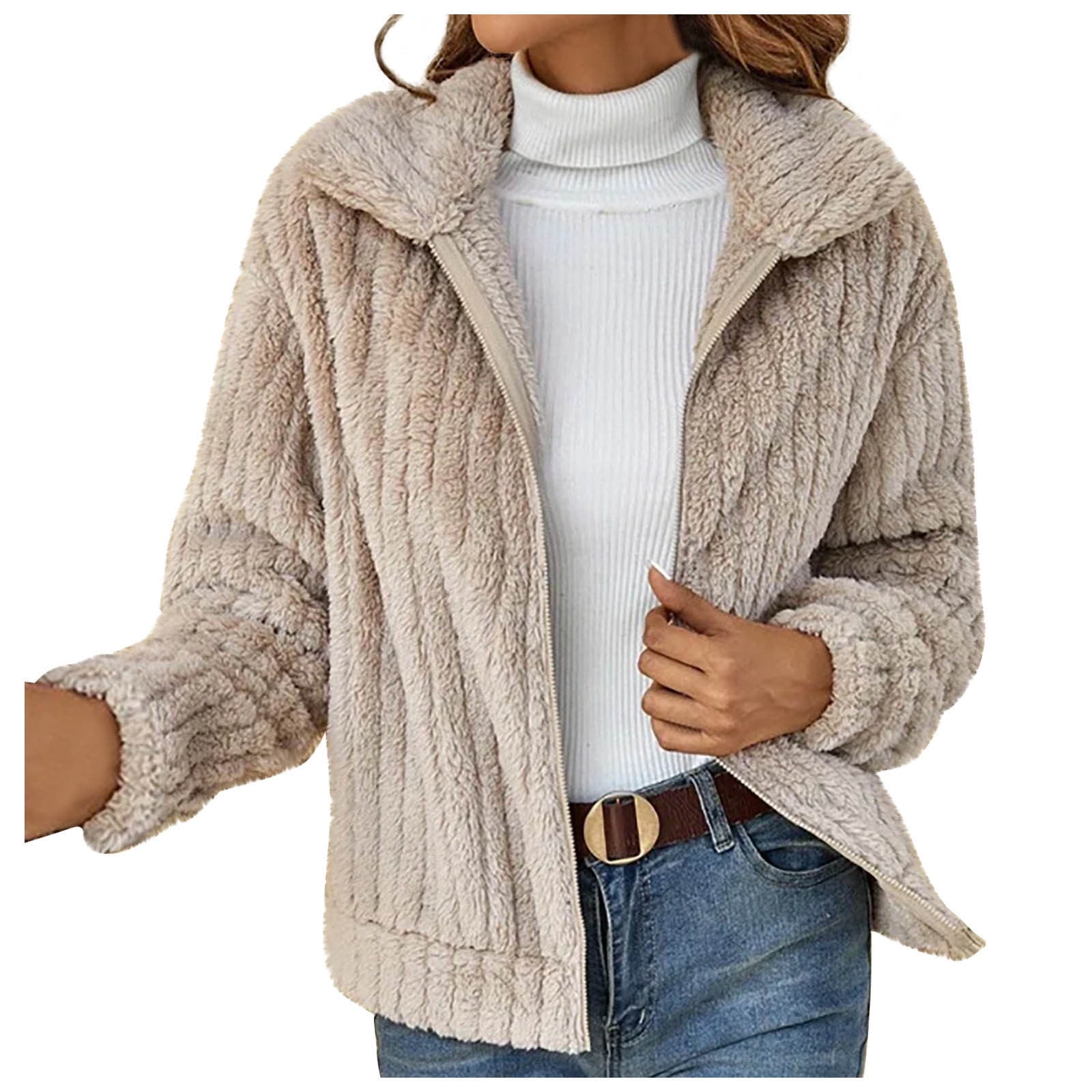 Qunyiney Fluffy Womens Jacket Solid Zip Up Casual Brown Lightweight ...
