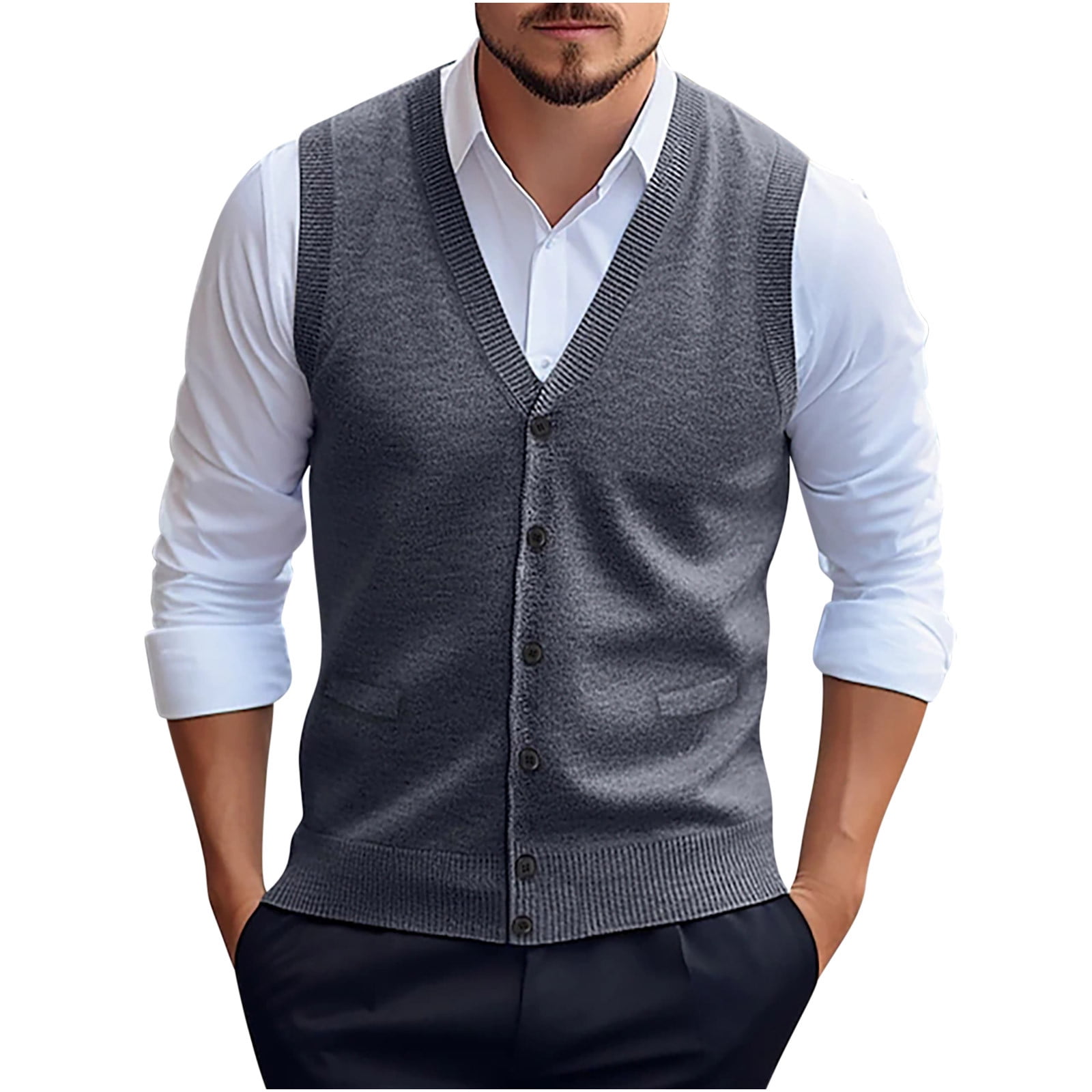 Qunyiney Gray Mens Sweater Vest Cardigan Solid Fall Casual Button Down ...