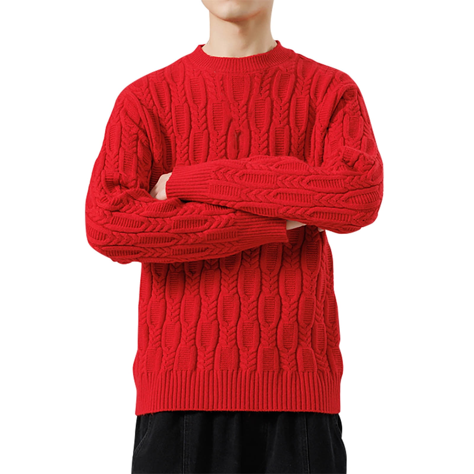 Qunyiney Pullover Sweater Men Red Winter Solid Casual Long Sleeve Loose ...