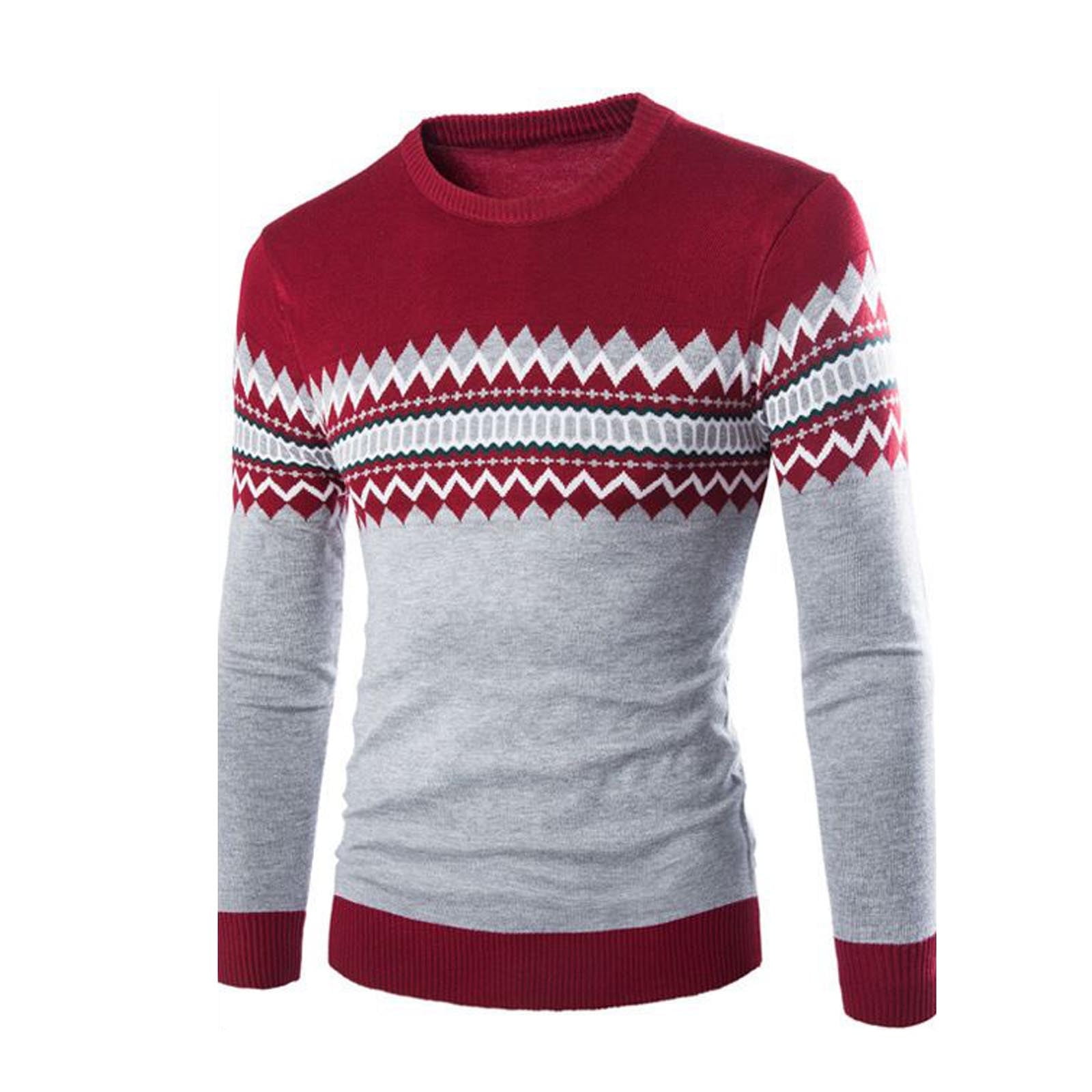Qunyiney Red Sweaters for Men Pullover Vintage Fall Casual Crew Neck ...