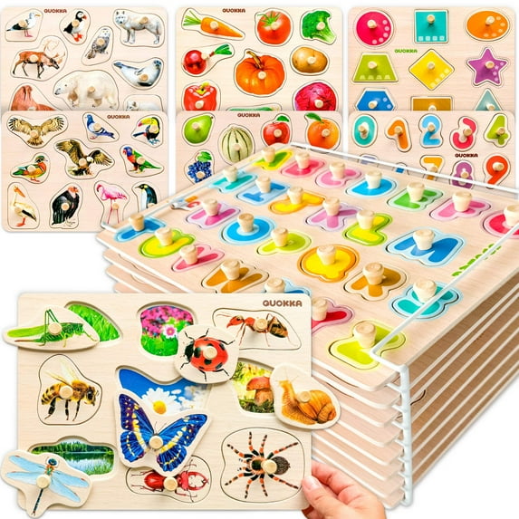 Quokka Wood Puzzles for Toddlers 1 3 with Rack - 8 Pack ABC, Numbers ...