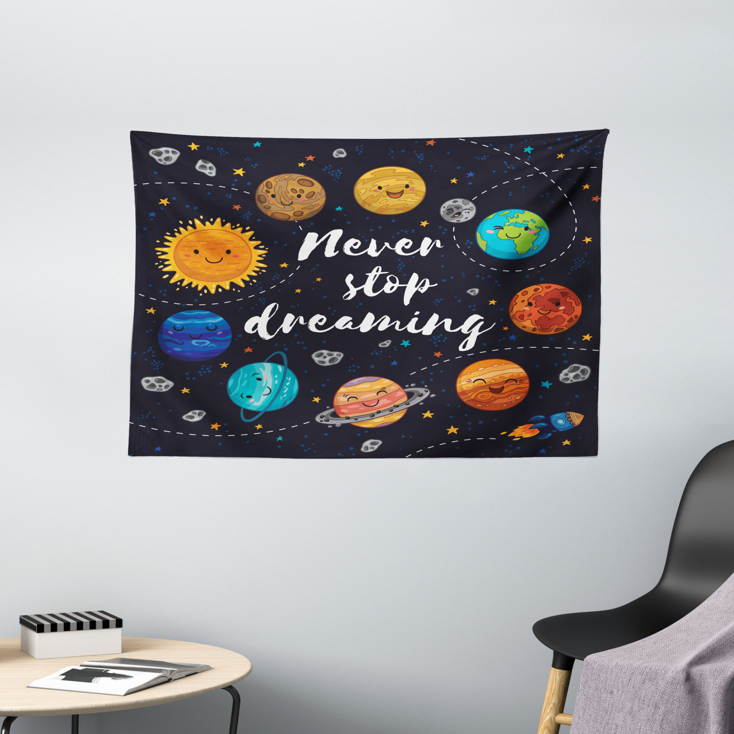 Quotes Decor Tapestry, Cute Outer Space Planets and Star Cluster Solar ...