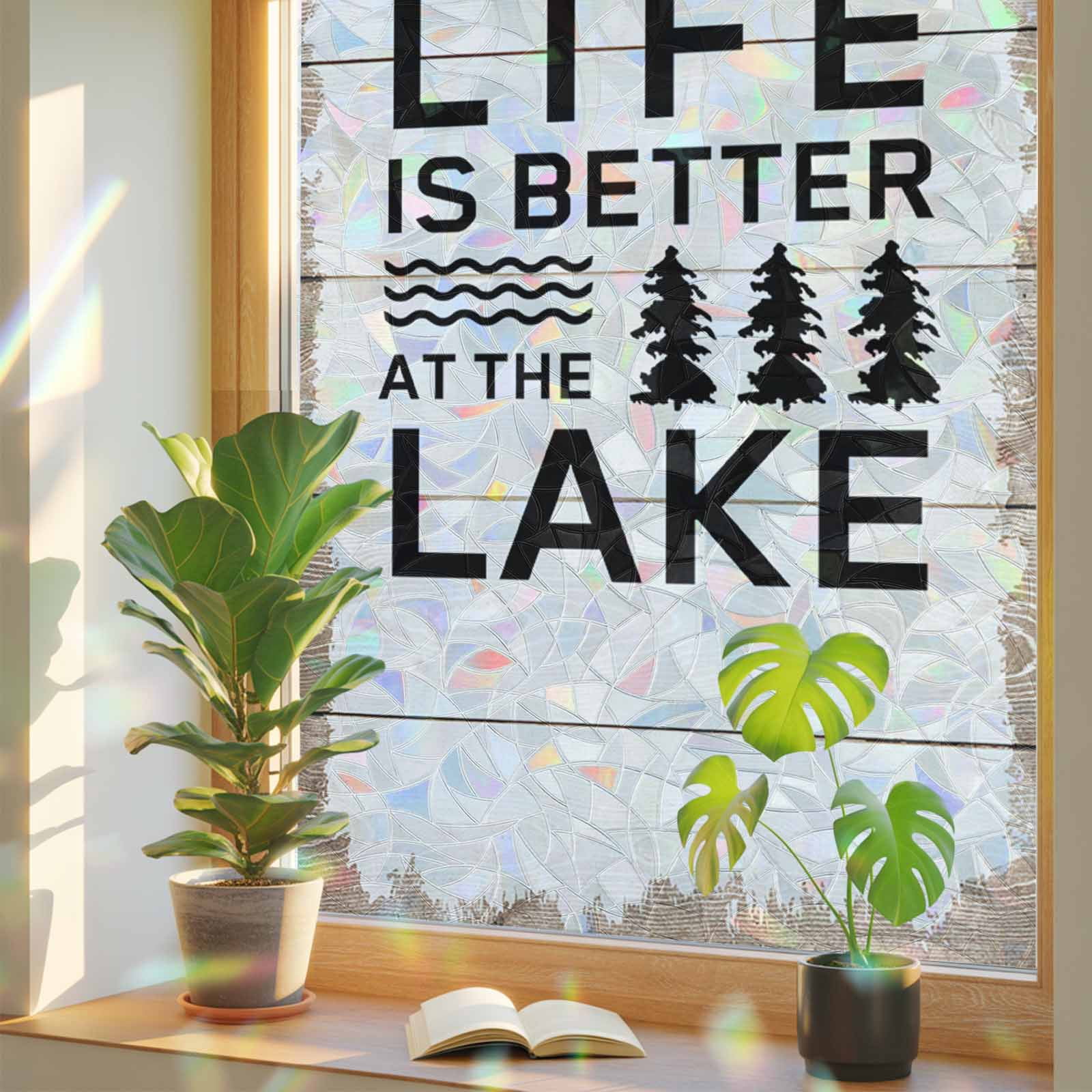Quotes Summer Window Privacy Film, Lake Bushes Vintage Wood Grain Lake ...