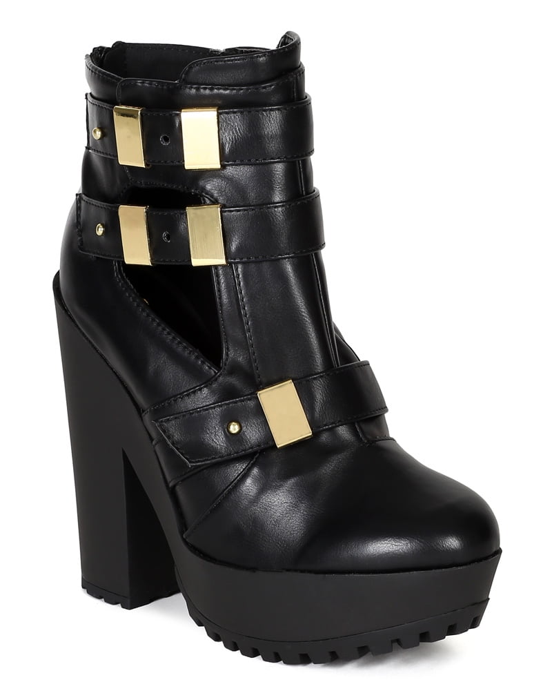 Qupid Bf14 Women Leatherette Push Stud Cut Out Lug Sole Platform Bootie ...