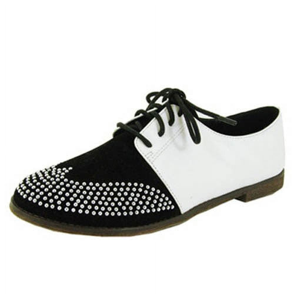 Qupid STRIP-85 Studded Two Tone Lace Up Colorblock Oxford Flat Shoe ...