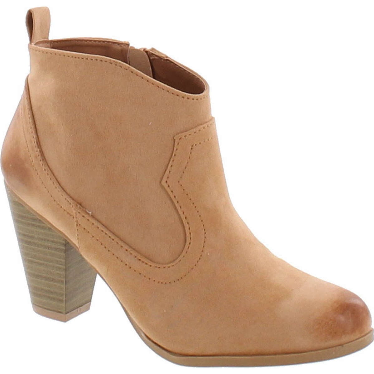 Qupid Western Slip On Stacked Heel Bootie - Distressed Ankle Pull ...