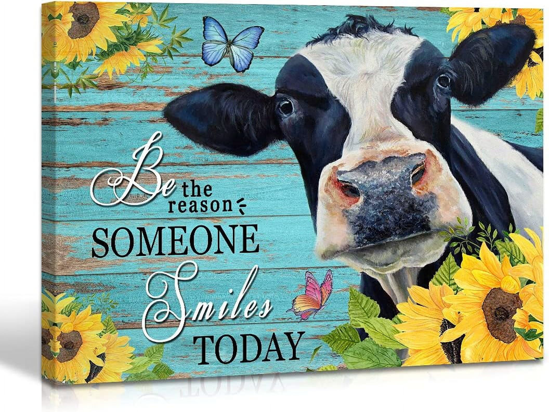 Qute Cow Flower Picture Canvas Print Motivational Quotes Wall Decor Art ...