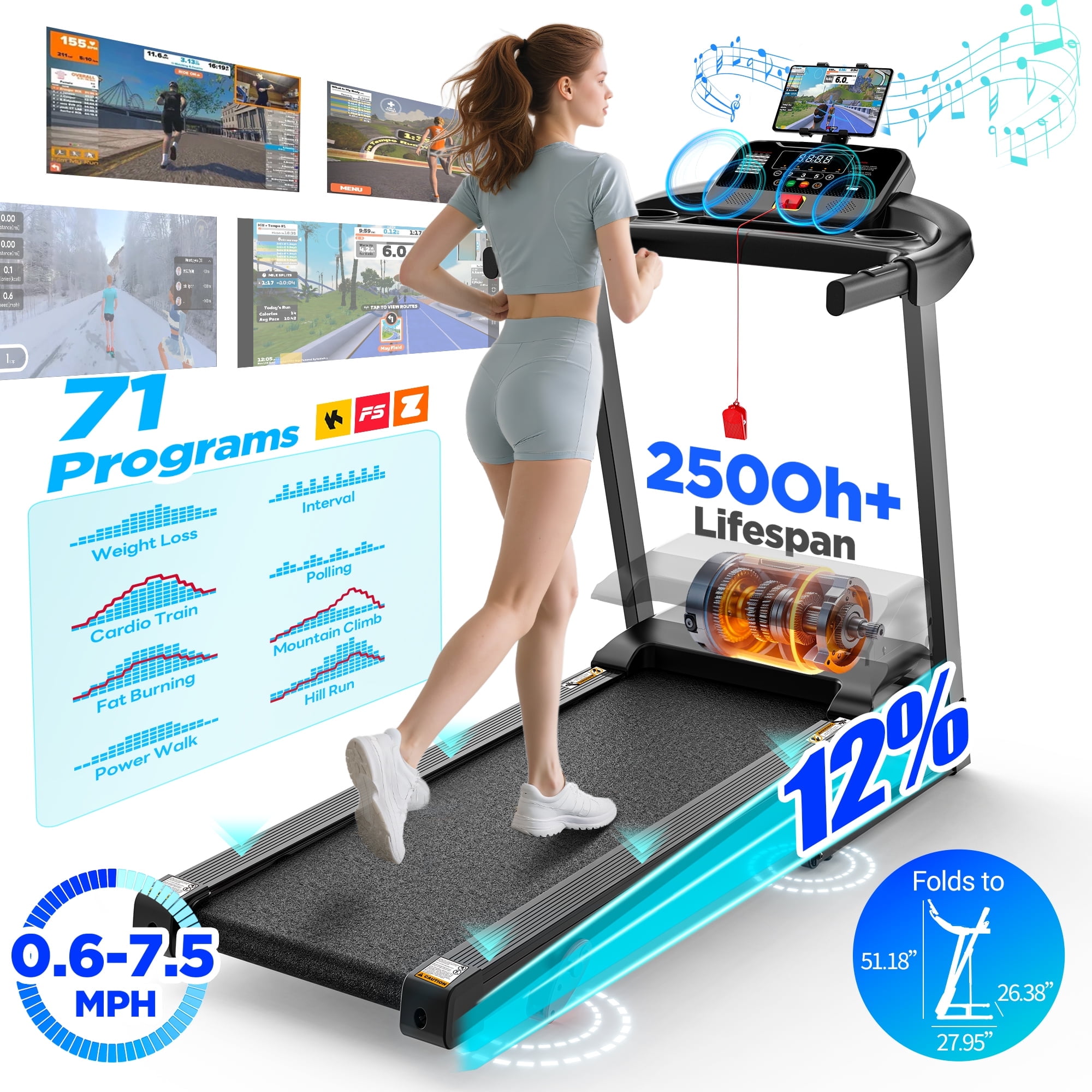 Folding Treadmill for Home, 3.1HP Treadmill with 12% Incline, Treadmill ...