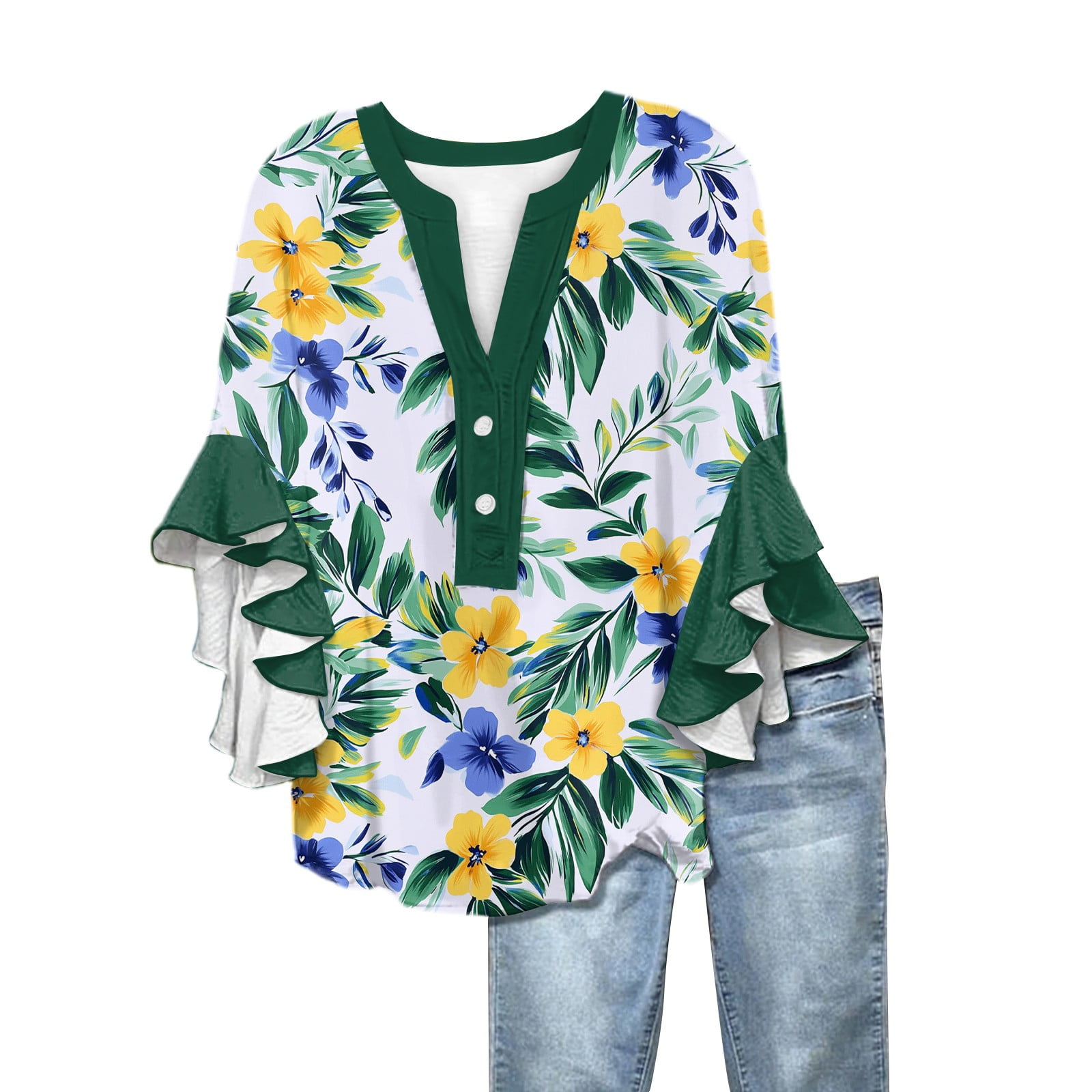 Qwertyu 3/4 Length Sleeve Womens Tops Floral Print Ruffle Sleeve Blouse ...