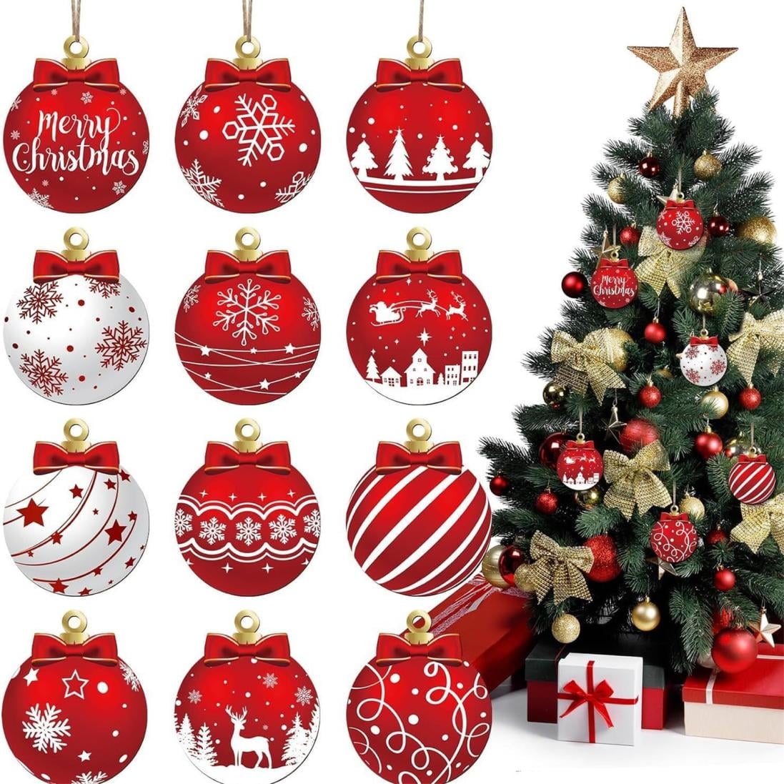 Qwertyu 36Pcs Red and White Ornaments for Christmas Tree, 2D ...