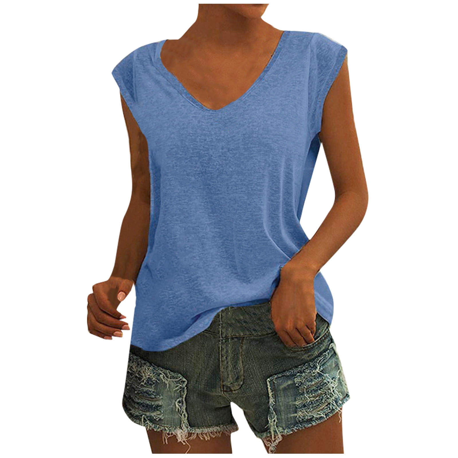 Qwertyu Tank Top for Women Solid Color V Neck Sleeveless Causal Sexy ...