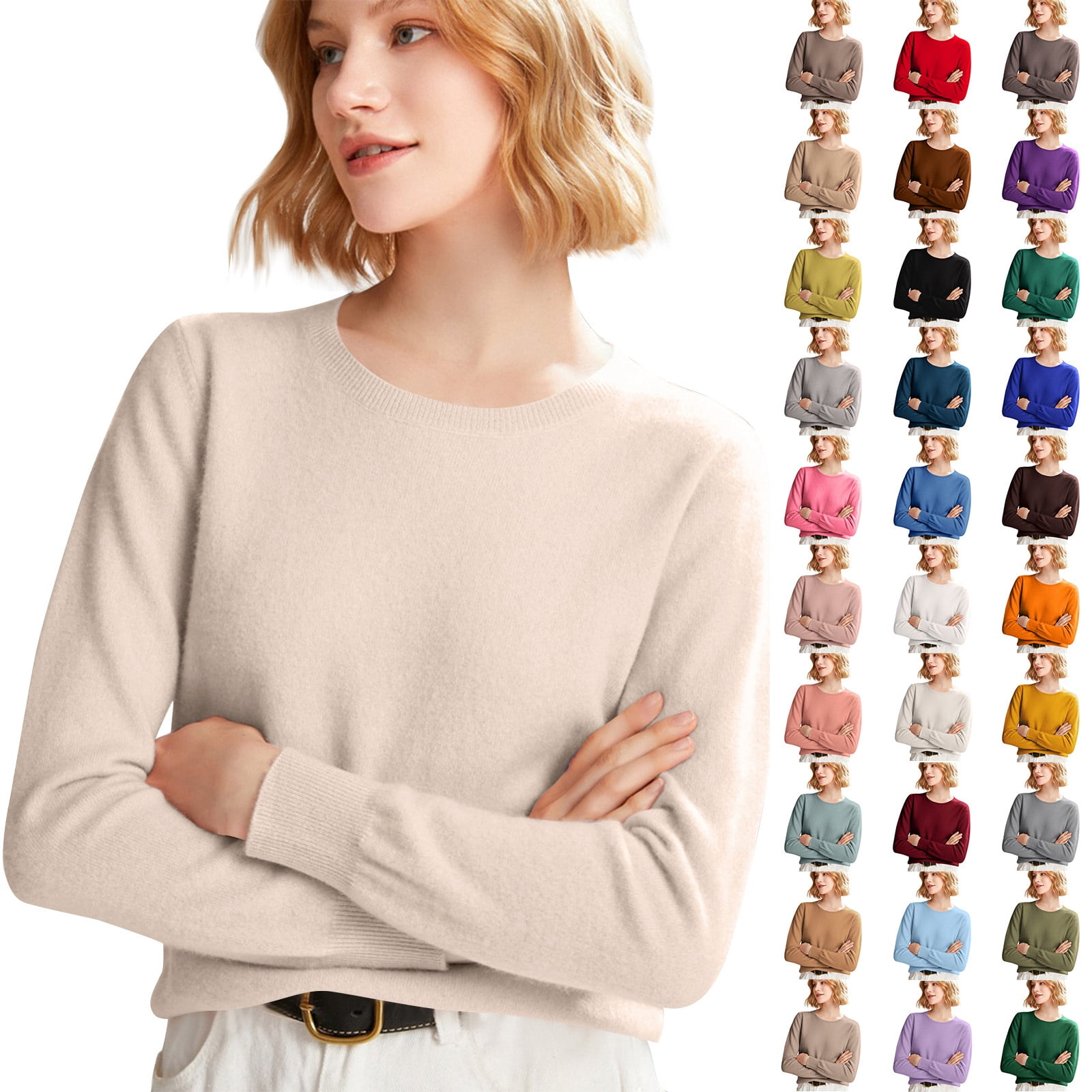 Qwertyu Cash-mere Sweaters for Women Long Sleeve Crew Neck Soft Warm ...