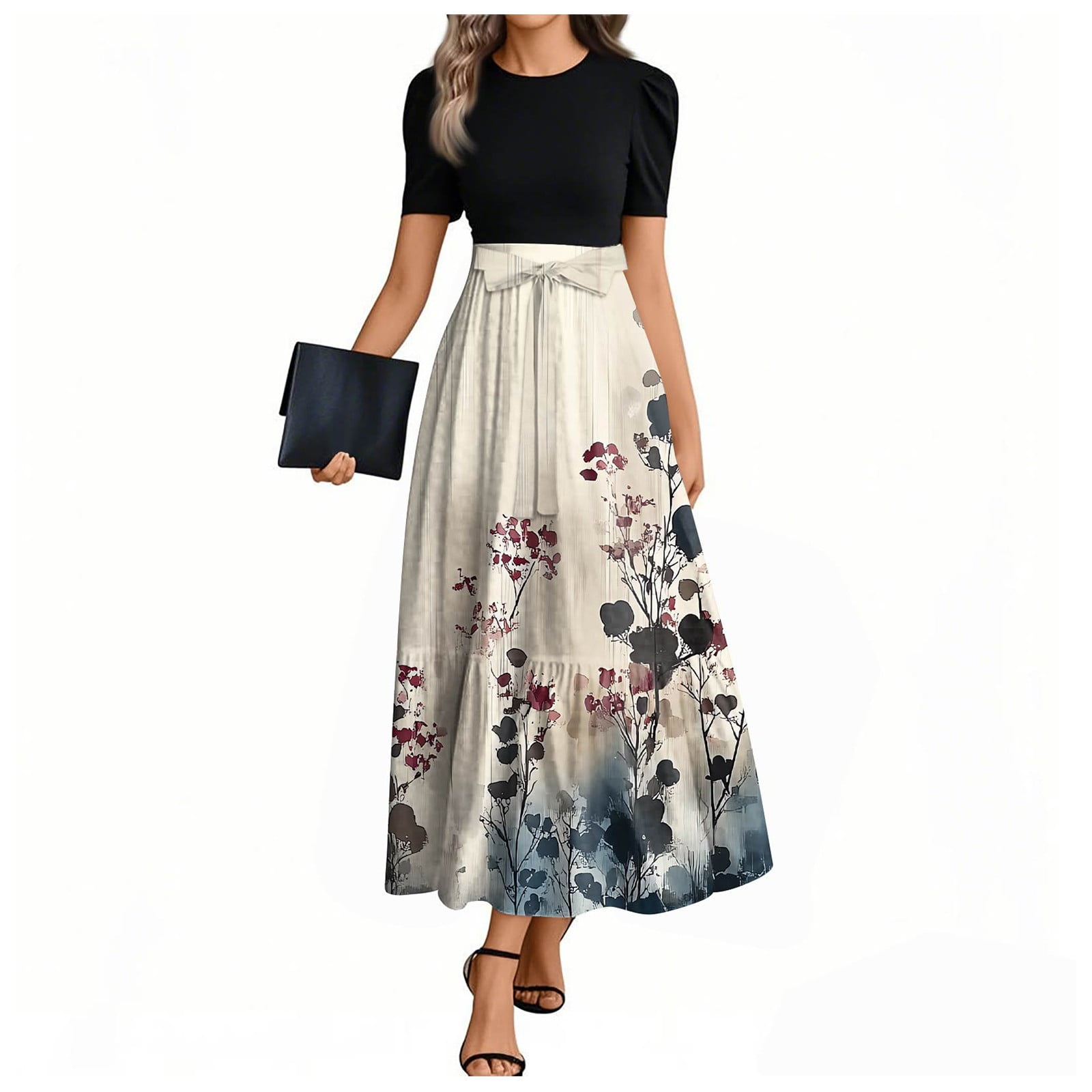 Qwertyu Floral Dresses for Women 2025 Elegant Boho Tie Belted Patchwork ...