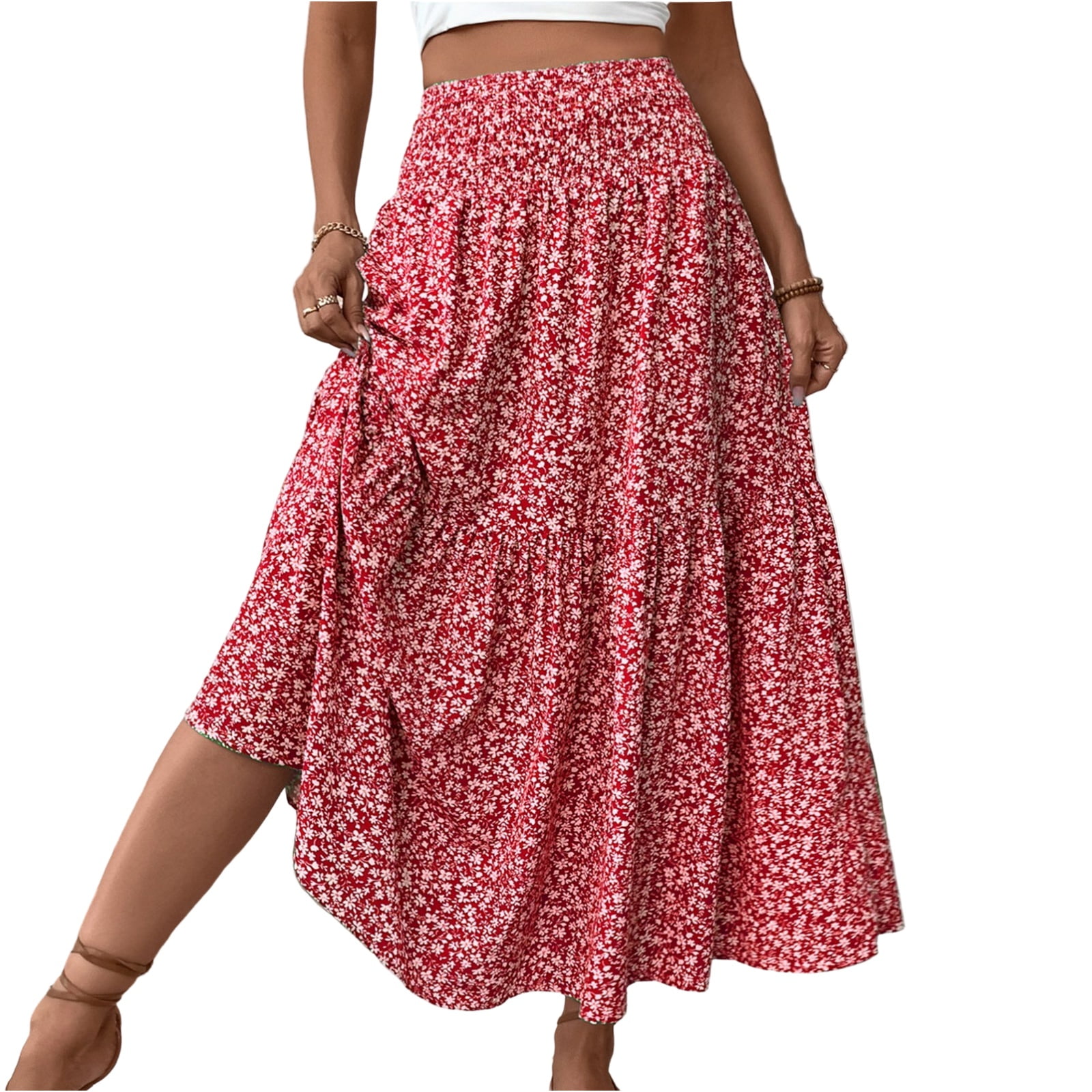 Qwertyu Floral Maxi Skirt for Women Summer Comfy Tiered Elastic High ...