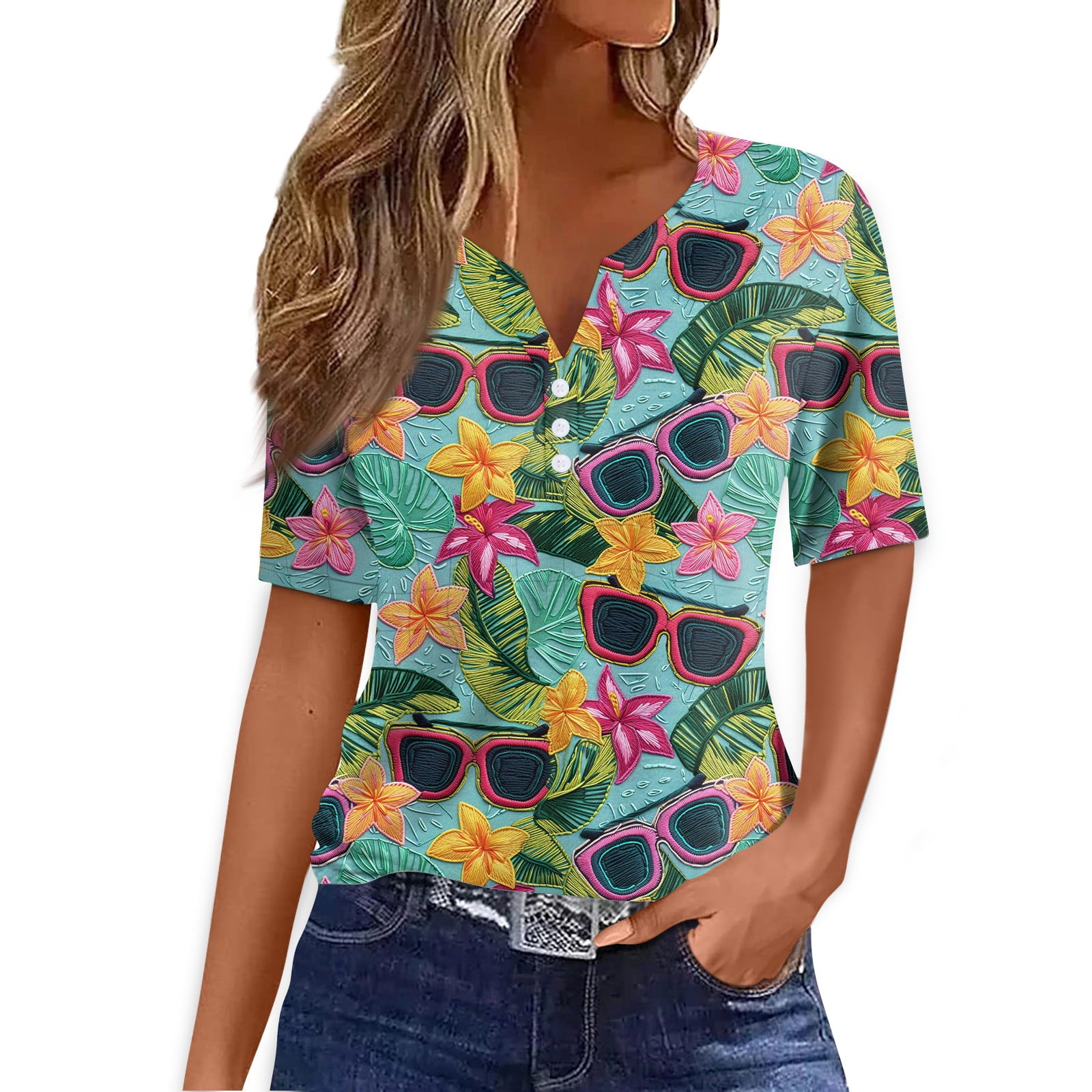 Qwertyu Hawaiian Shirts for Women Short Sleeve Henley Landscape Palm ...