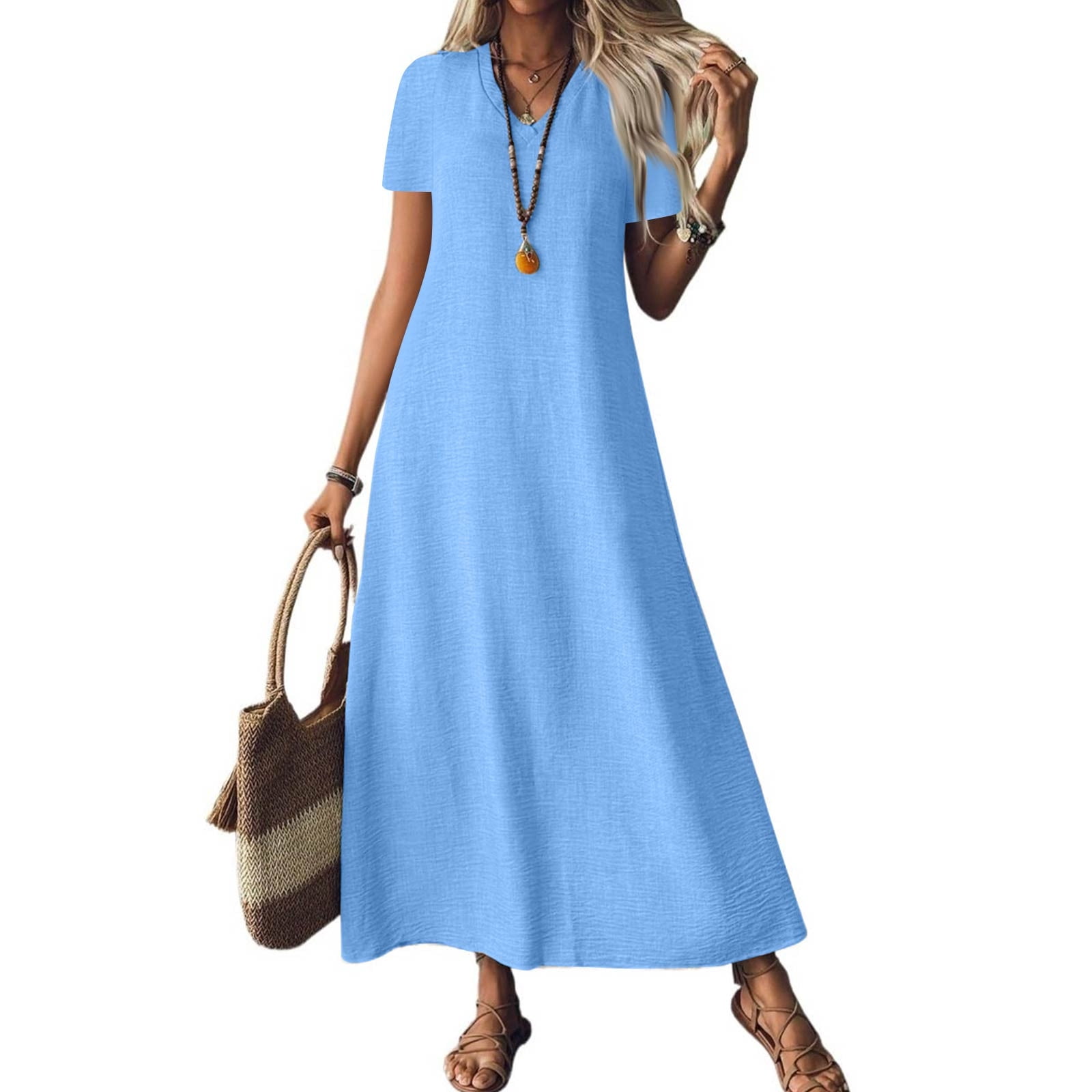 Qwertyu Linen Dresses for Women 2025 V Neck Short Sleeve Maxi Dress ...