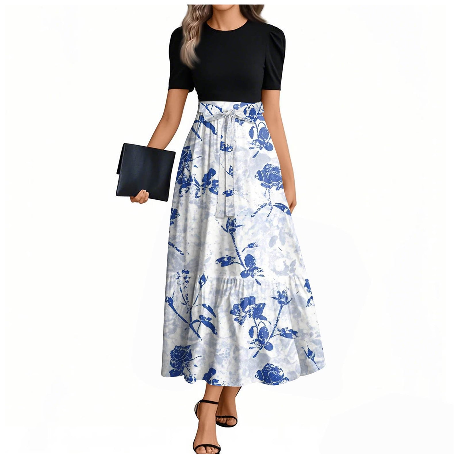 Qwertyu Maxi Dresses for Women 2025 Casual Patchwork Tie Puff Sleeve Dress Summer Modest Elegant ...