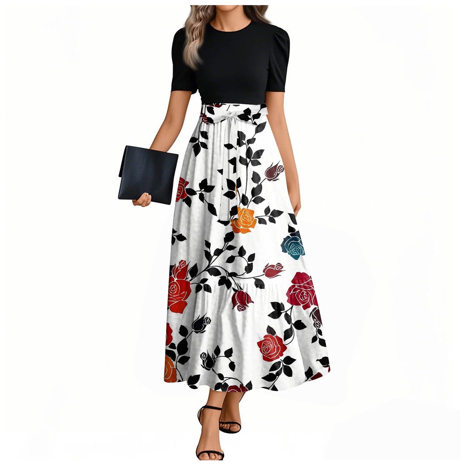 Qwertyu Maxi Dresses for Women 2025 Casual Patchwork Tie Puff Sleeve ...