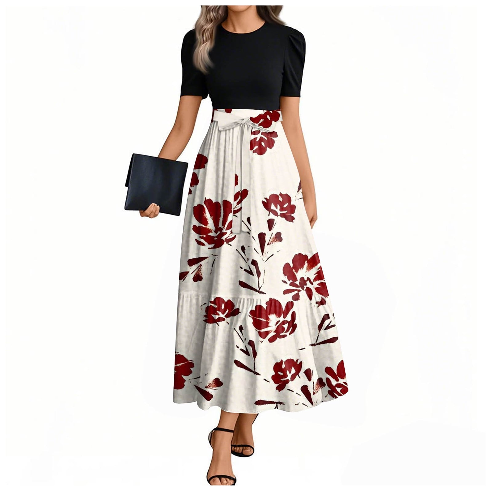 Qwertyu Maxi Dresses for Women 2025 Casual Patchwork Tie Puff Sleeve ...