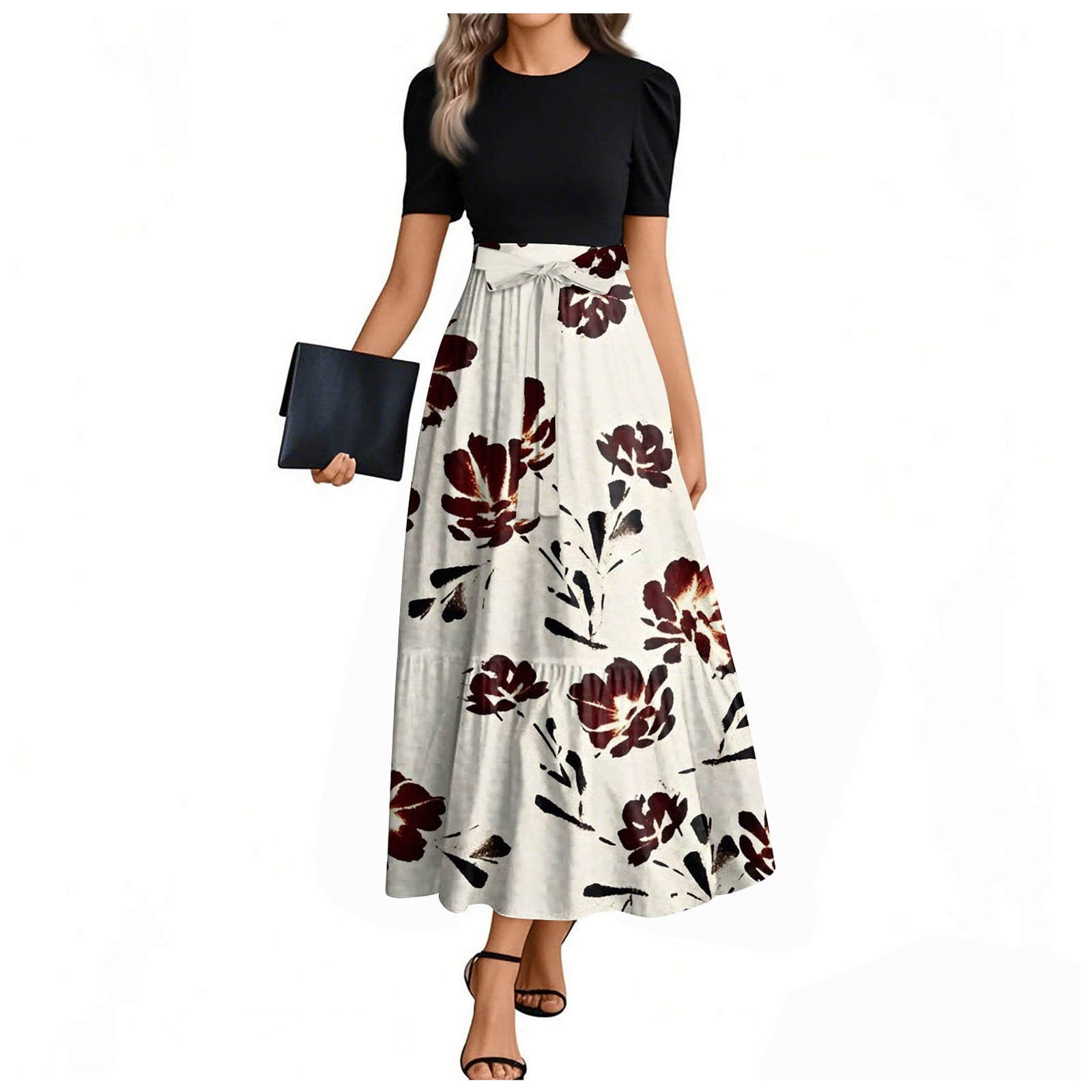 Qwertyu Maxi Dresses for Women 2025 Casual Patchwork Tie Puff Sleeve ...
