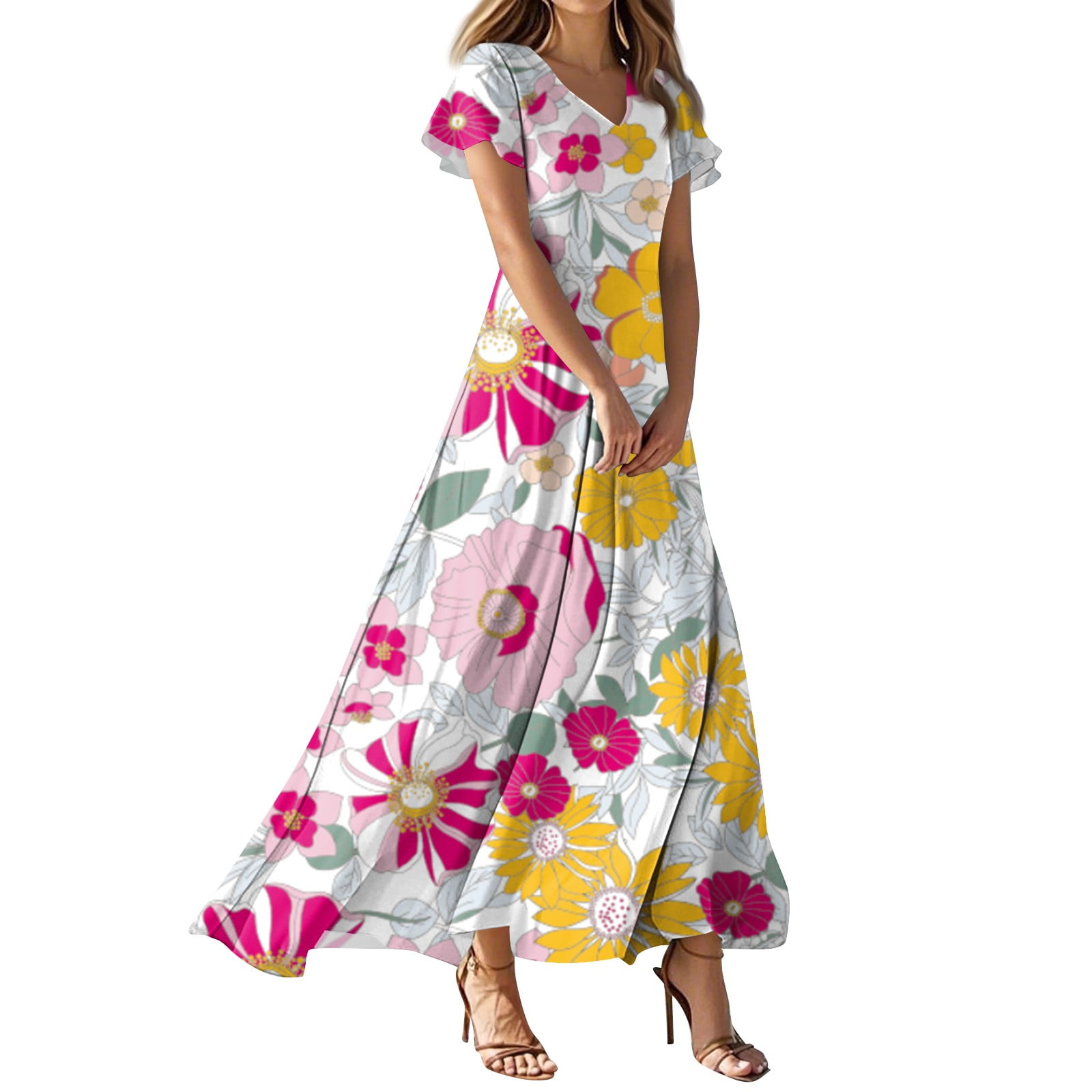 Qwertyu Maxi Dresses for Women 2025 Elegant Vintage Boho Office Casual Floral Print Work Party A ...