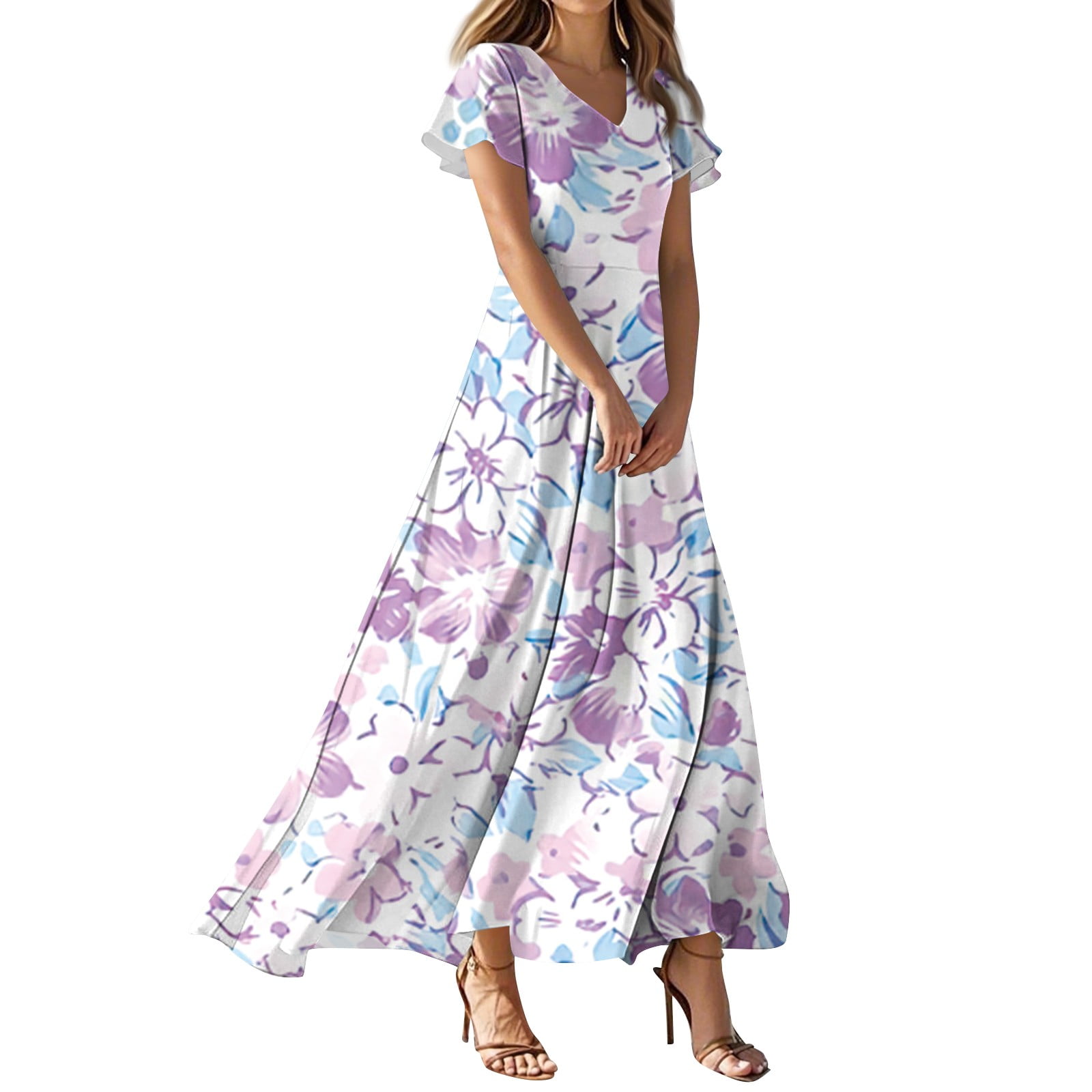 Qwertyu Maxi Dresses for Women 2025 Elegant Vintage Boho Office Casual Floral Print Work Party A ...